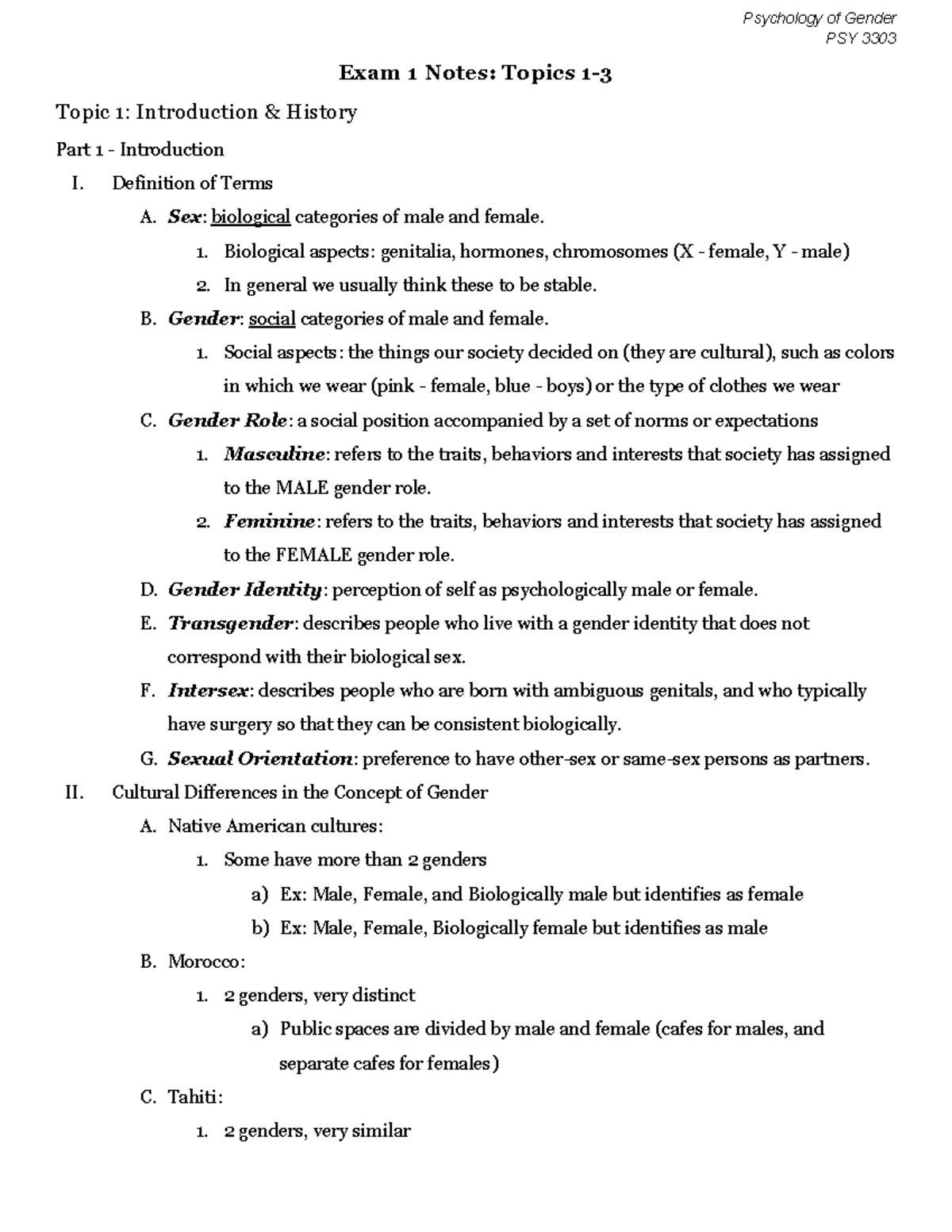 PSY 3303 | Psychology of Gender | Exam 1 Notes: Topics 1-3 - PSY 3303 ...
