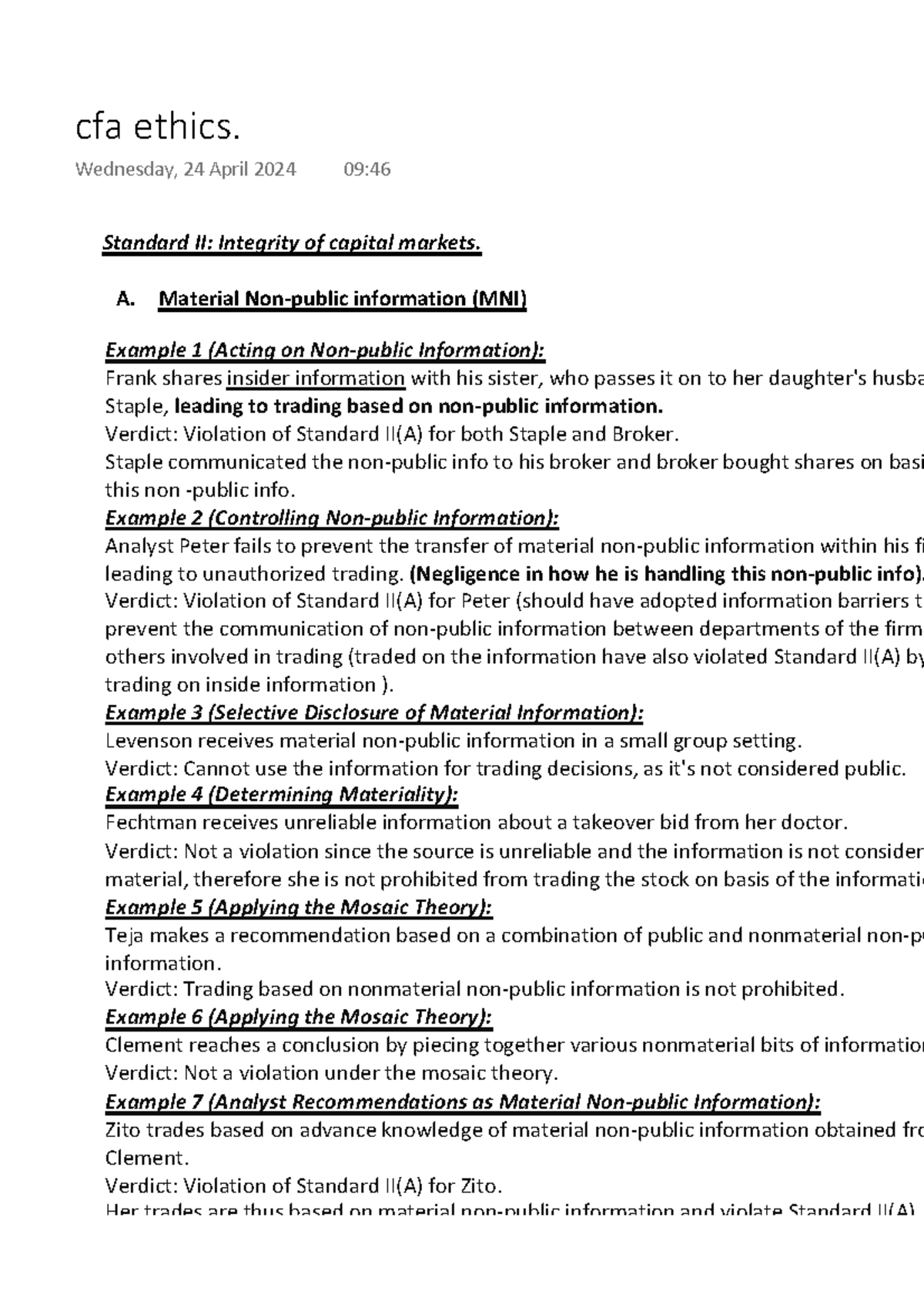 Cfa ethics - Summary Economics - Example 1 (Acting on Non-public ...