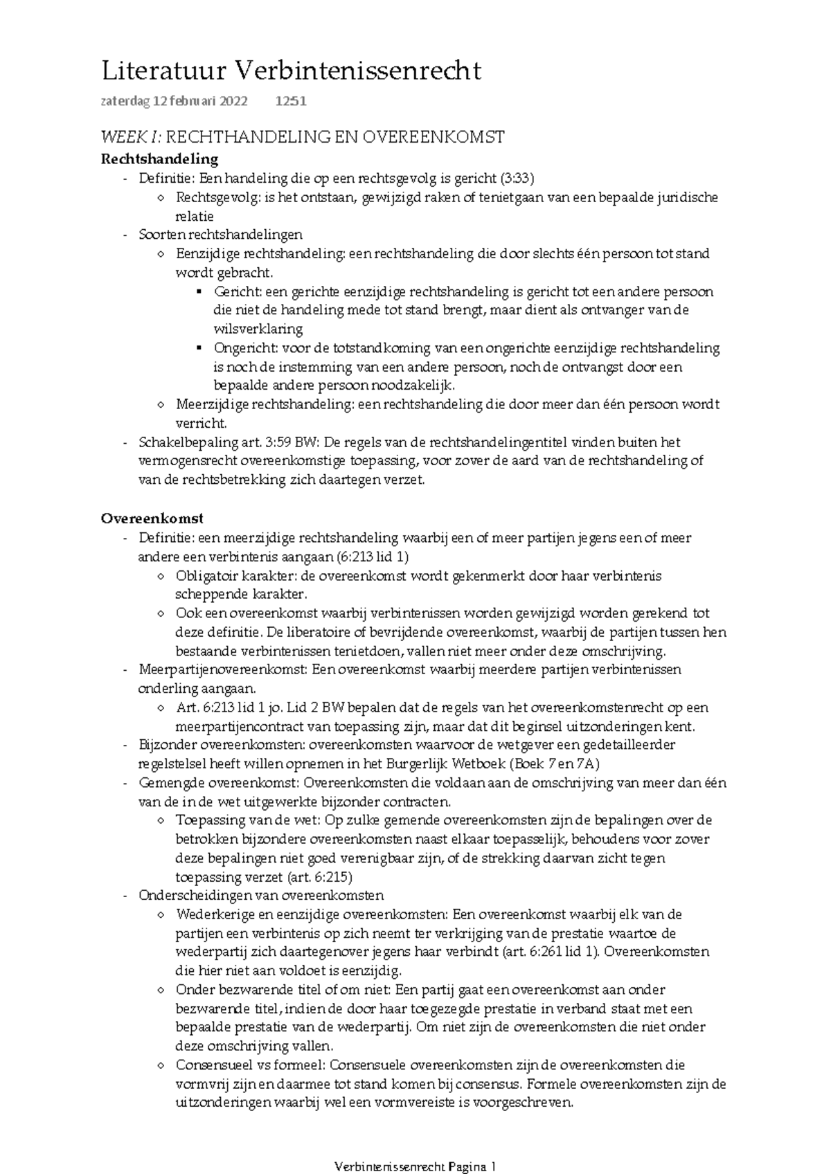 Samenvatting Literatuur Verbintenissenrecht (incompleet) - WEEK I: RECHTHANDELING EN ...