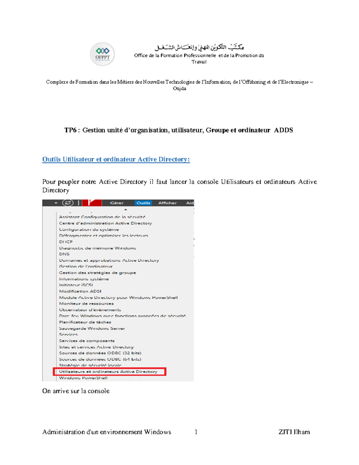 TP6 - TP6 - Office de la Formation Professionnelle et de la Promotion du Travail Complexe de ...