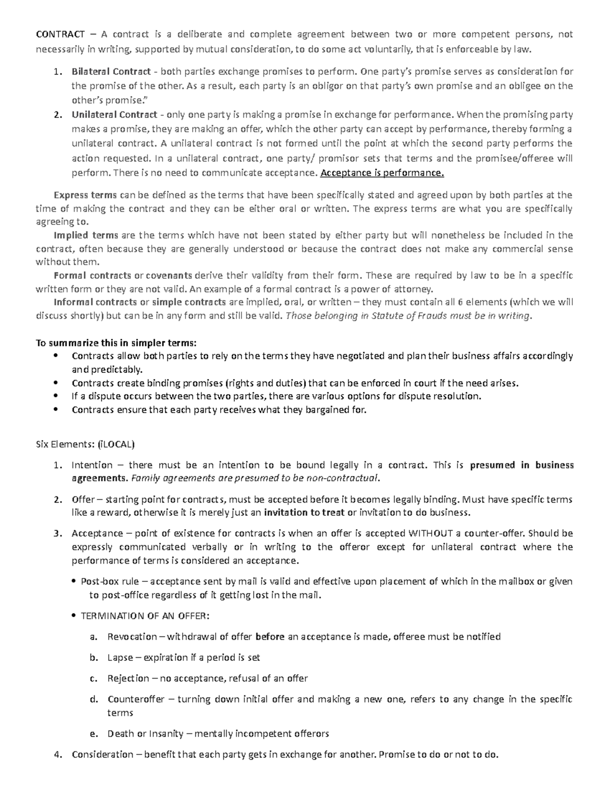 Contracts Notes AND Summary - CONTRACT – A contract is a deliberate and ...