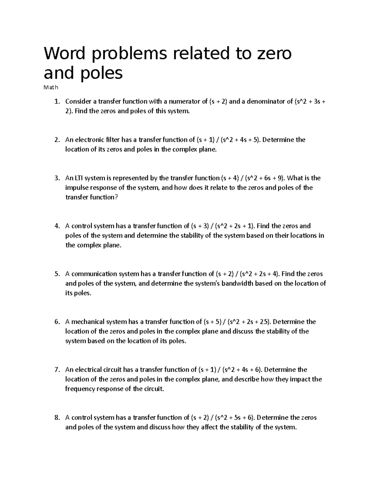 Word problems related to zero and poles - Word problems related to zero ...