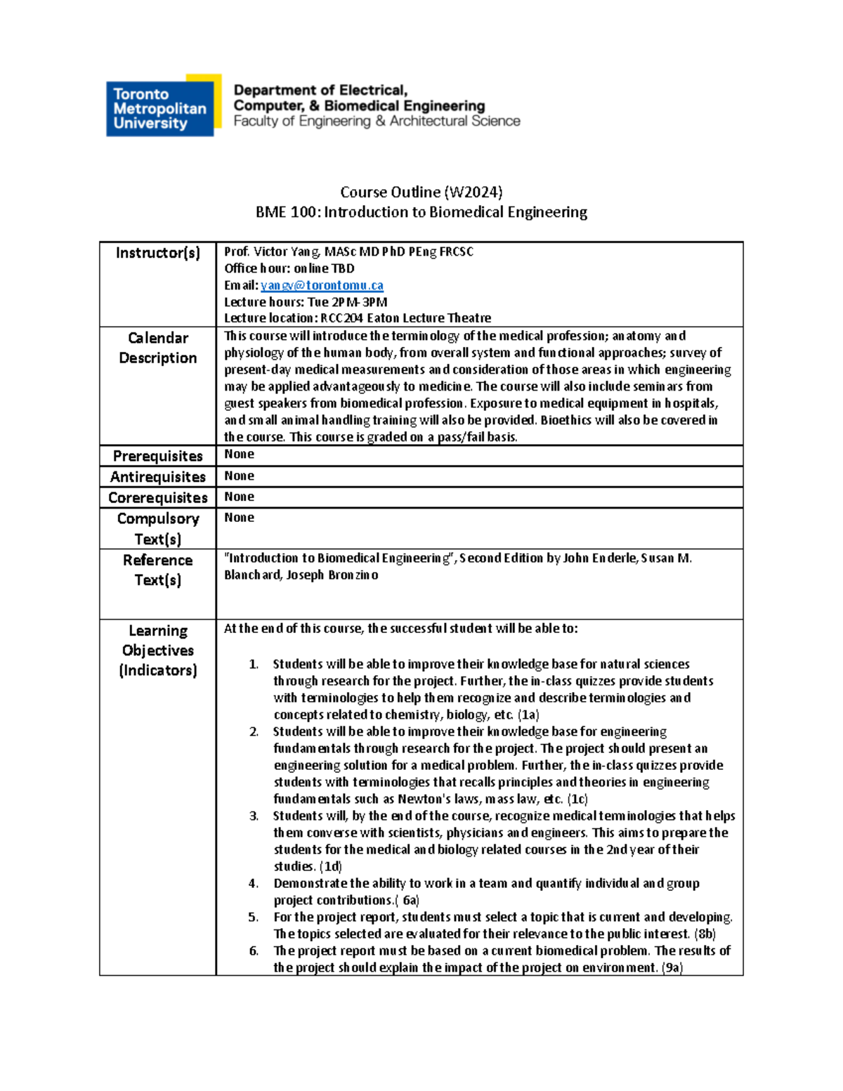 BME100 2024 Course Outline - Course Outline (W202 4 ) BME 100 ...