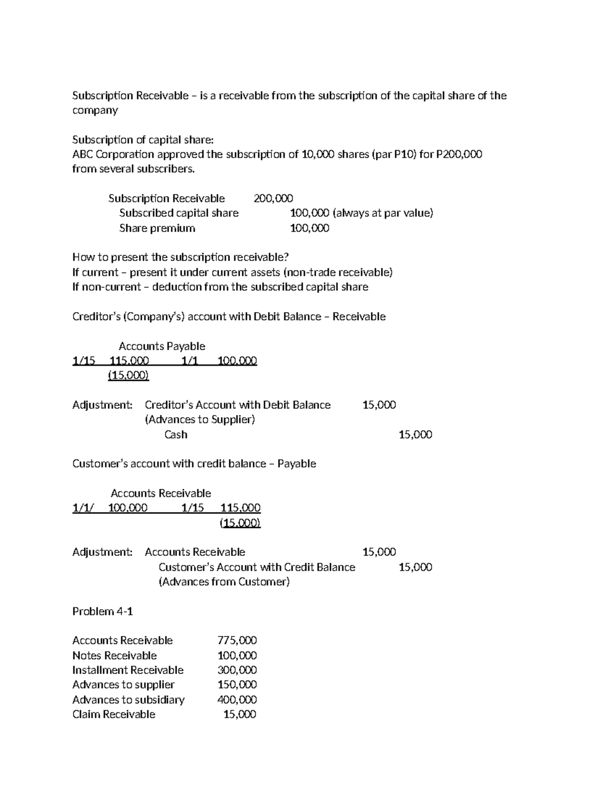 Accounts Receivable - (ANSWER) 4-1, 4-2, 4-9 - Subscription Receivable ...