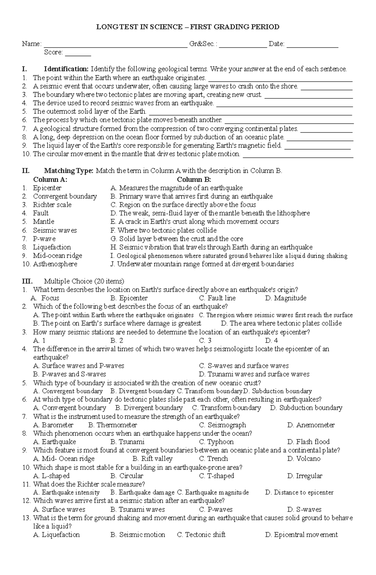 LONG TEST IN Science 1st QTR - LONG TEST IN SCIENCE – FIRST GRADING ...