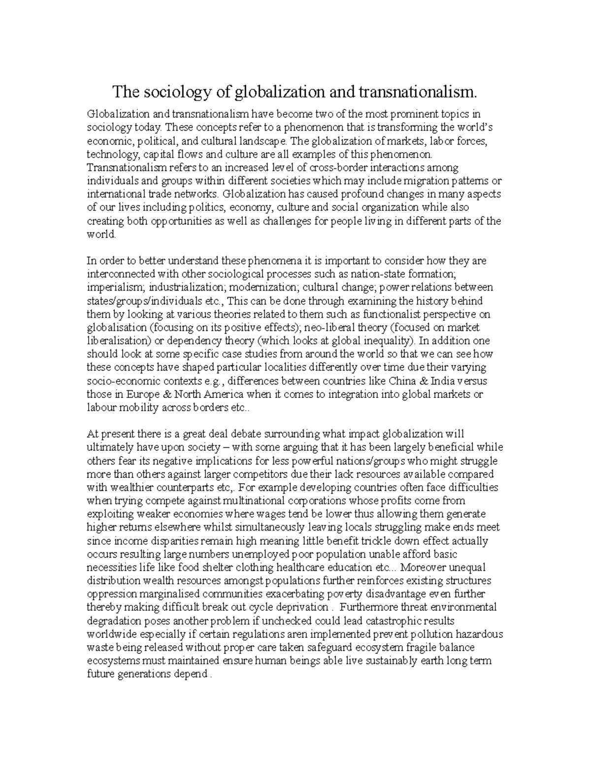 introductory sociology - The sociology of globalization and ...