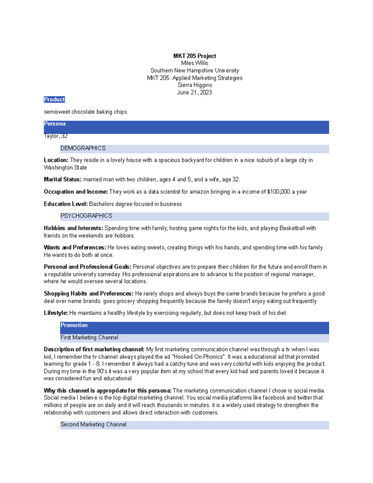 MKT205 7 - Final - MKT 205 Project Miles Willis Southern New Hampshire ...