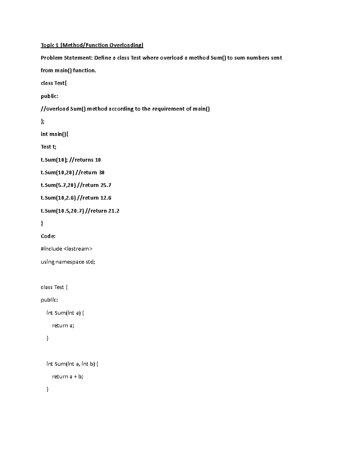 Topic 1 Acl lab report - I need it - Topic 1 [Method/Function Overloading] Problem Statement ...