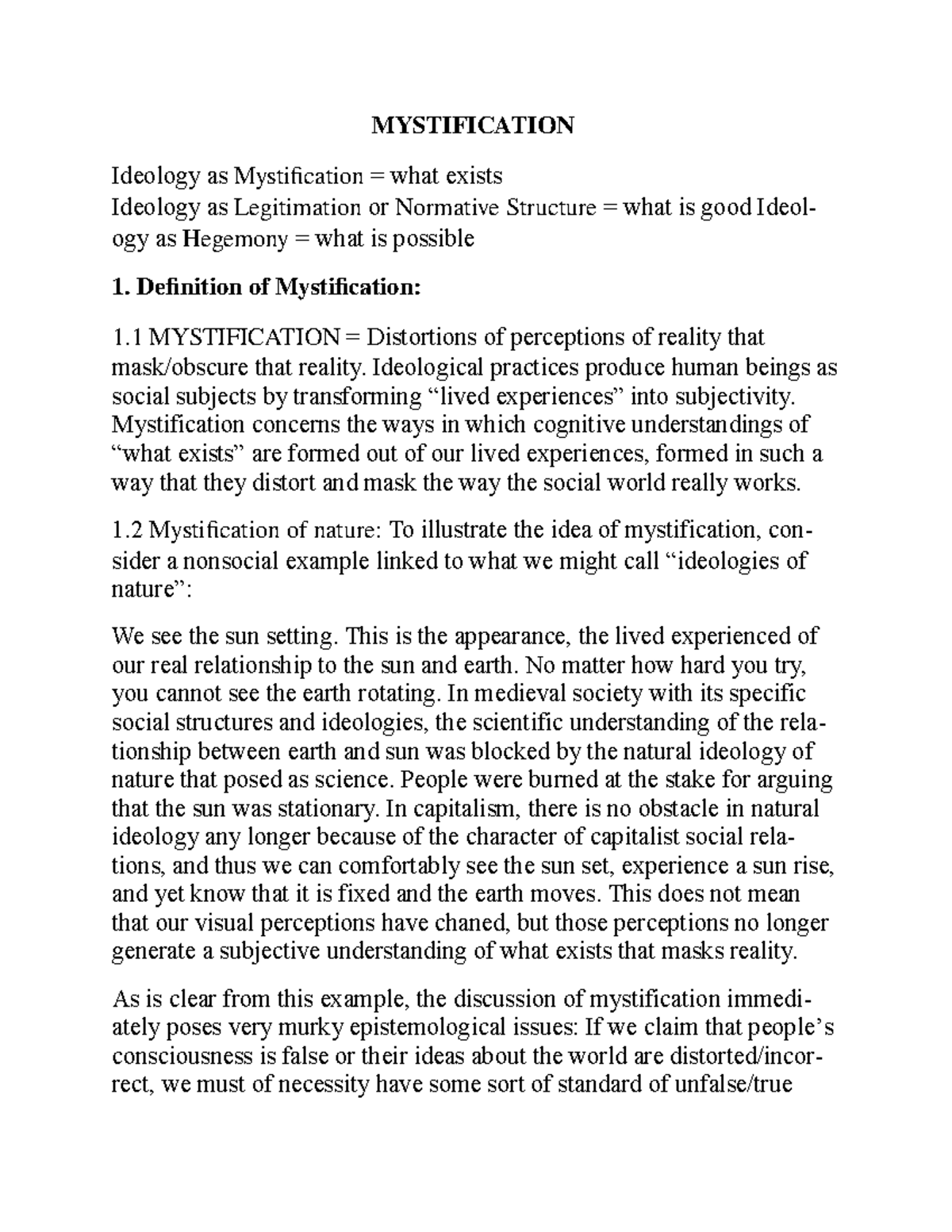 Mystification sociology ln - MYSTIFICATION Ideology as Mystification ...