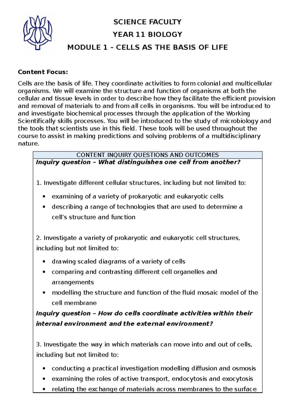 BI21Y11TG Module 1 Cells as the Basis of Life - SCIENCE FACULTY YEAR 11 ...