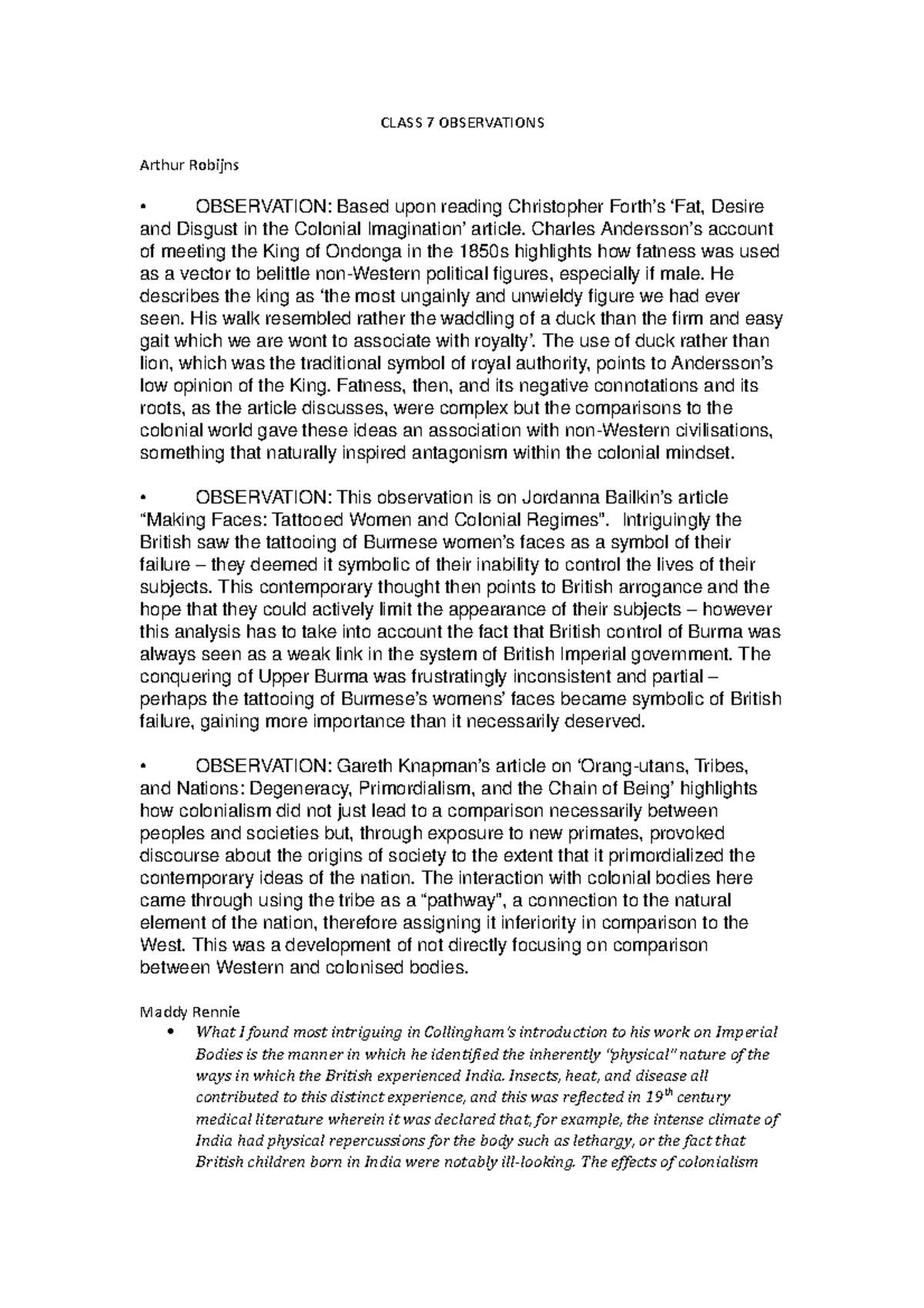 Colonial Bodies - CLASS 7 OBSERVATIONS Arthur Robijns • OBSERVATION ...
