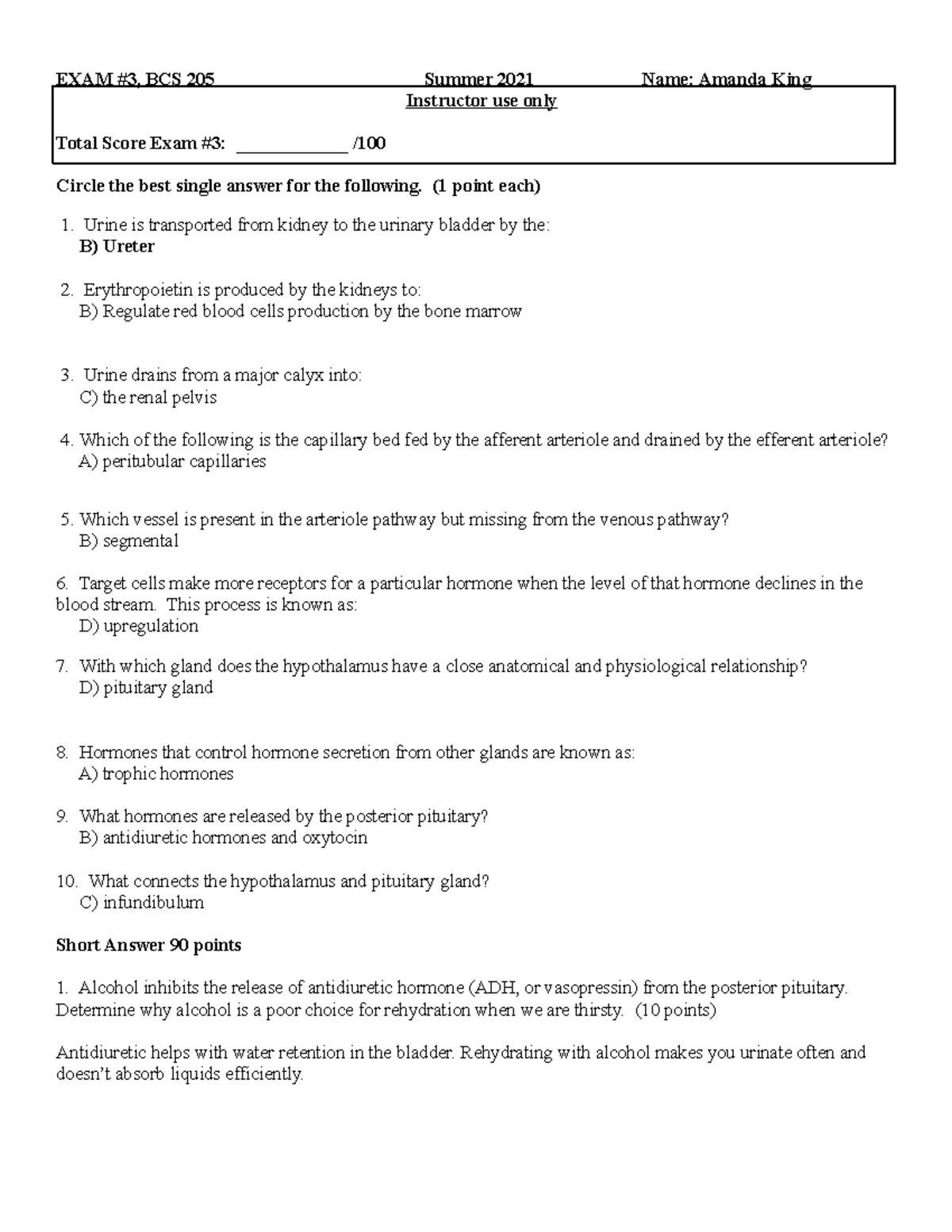 King - BCS 205 Exam 3 SU 2021 - EXAM #3, BCS 205 Summer 2021 Name ...