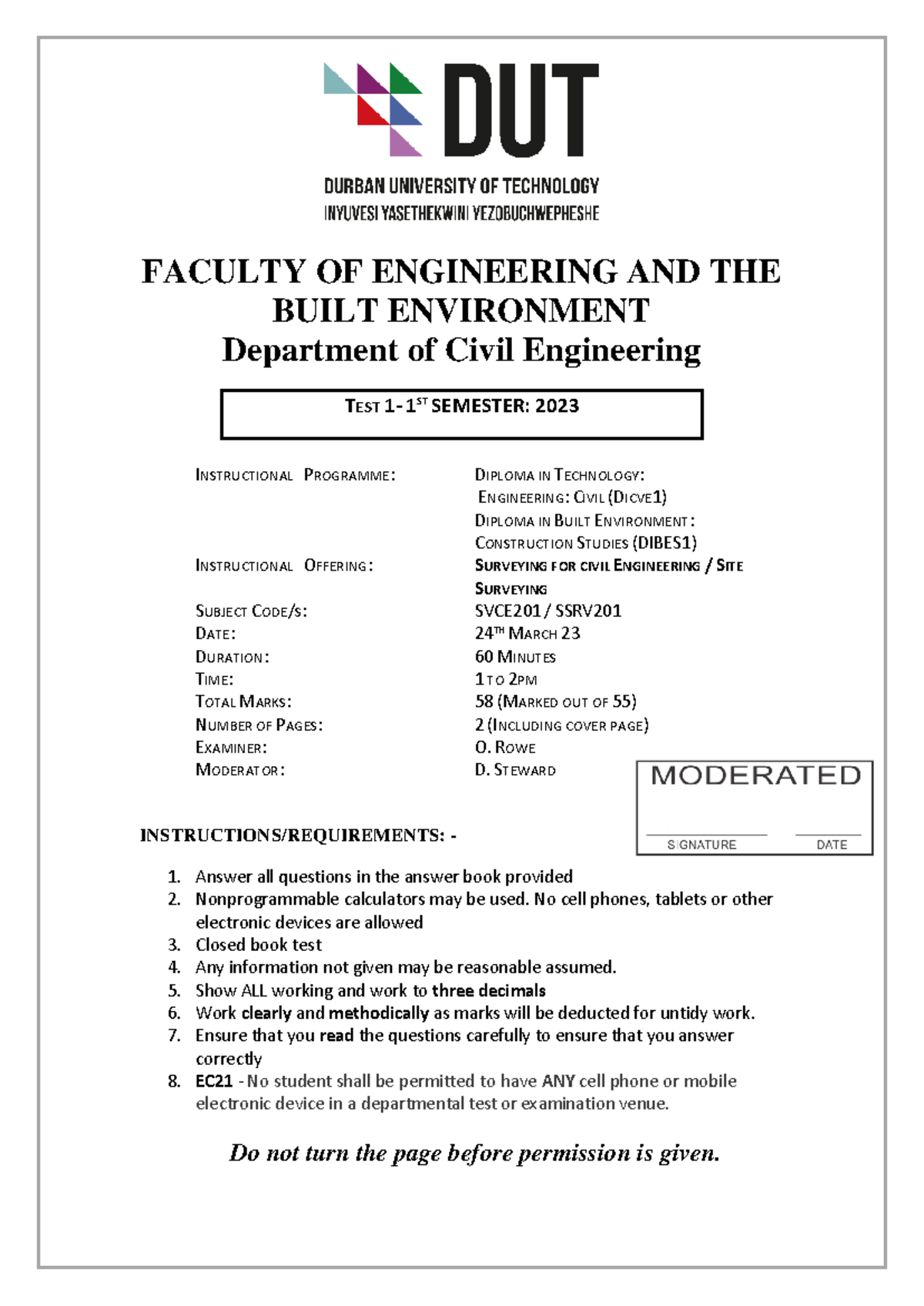 SVCE201 Test 1 s1 2023 2 - Past paper for surveying - FACULTY OF ...