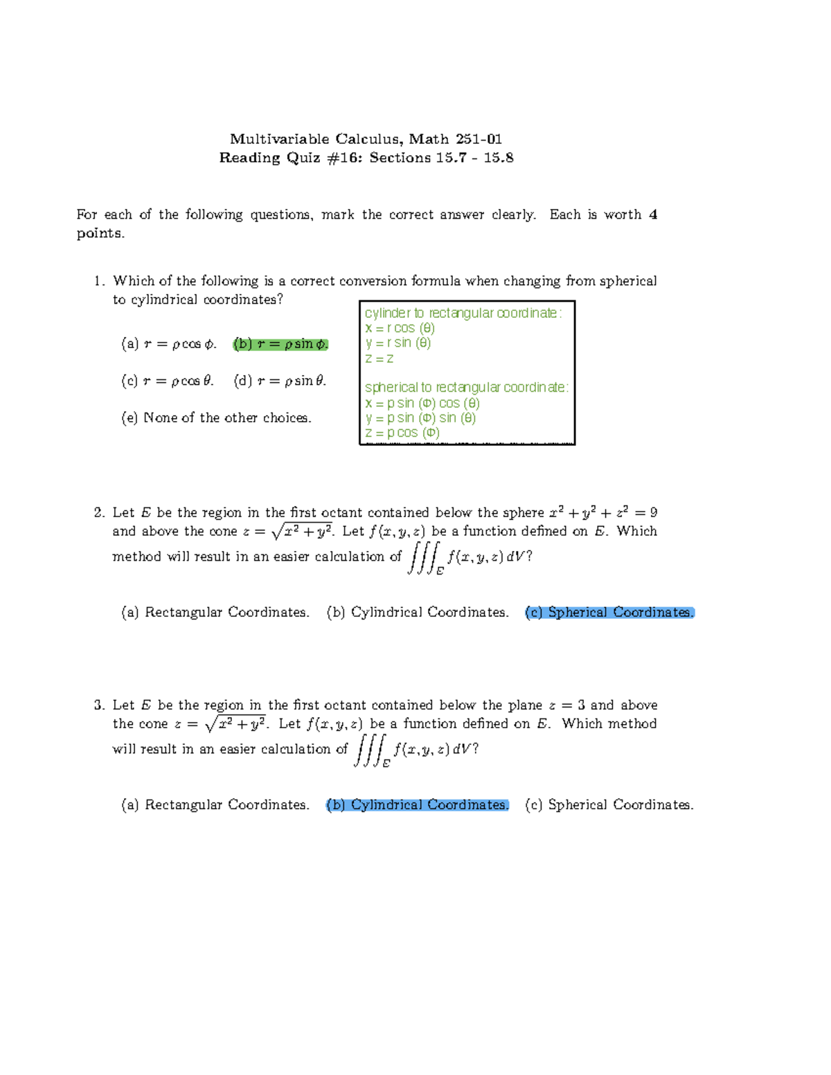 Reading Quiz 15.7-15.8 - Multivariable Calculus, Math 251- Reading Quiz #16: Sections 15 - 15 ...