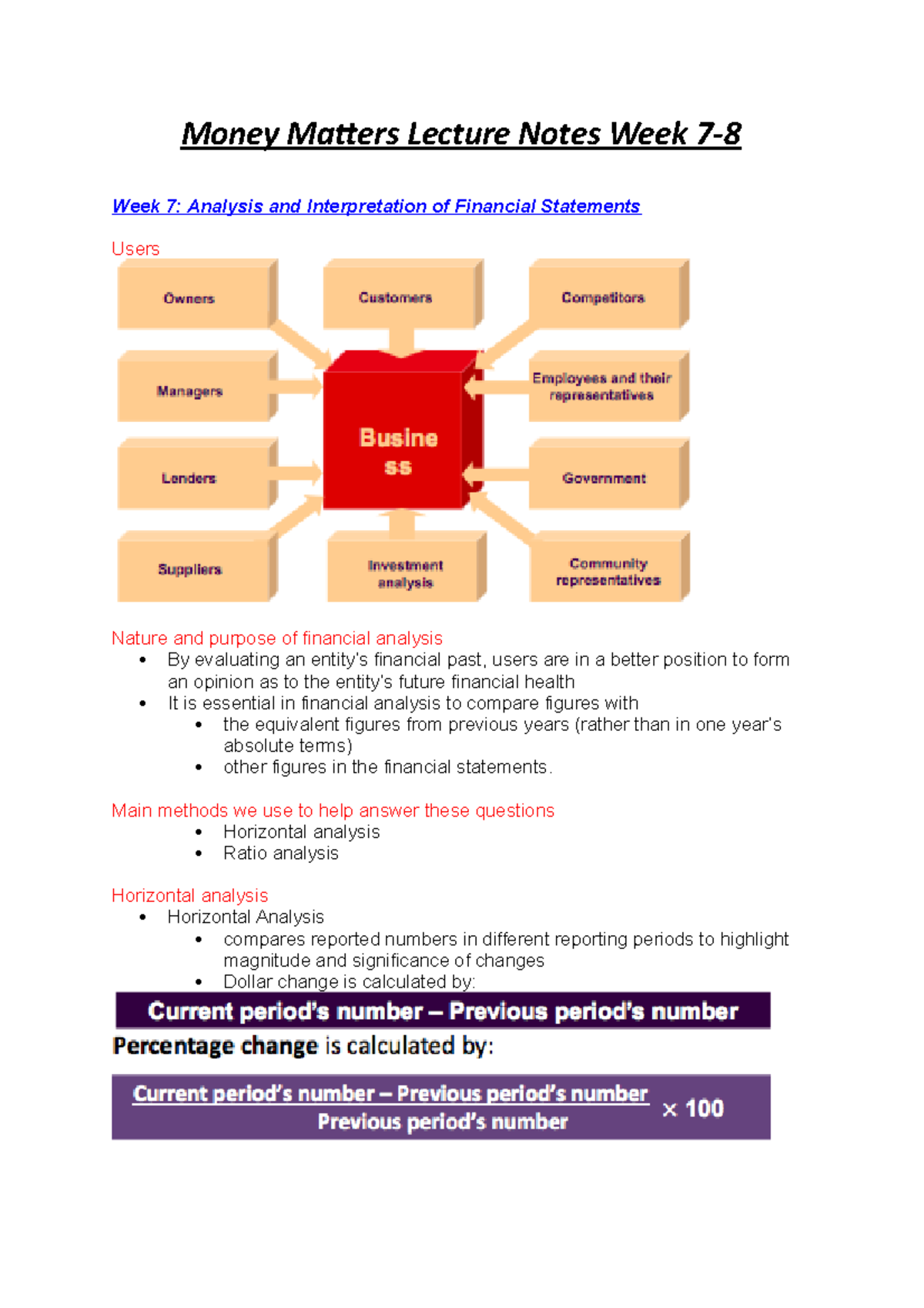 Money Matters Lecture Notes Week 7-8 - Main methods we use to help ...
