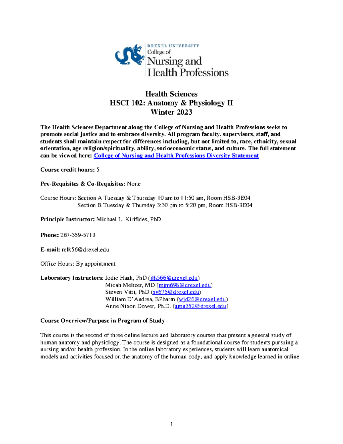 HSCI 102 Syllabus Winter 2023 - Health Sciences HSCI 102: Anatomy ...