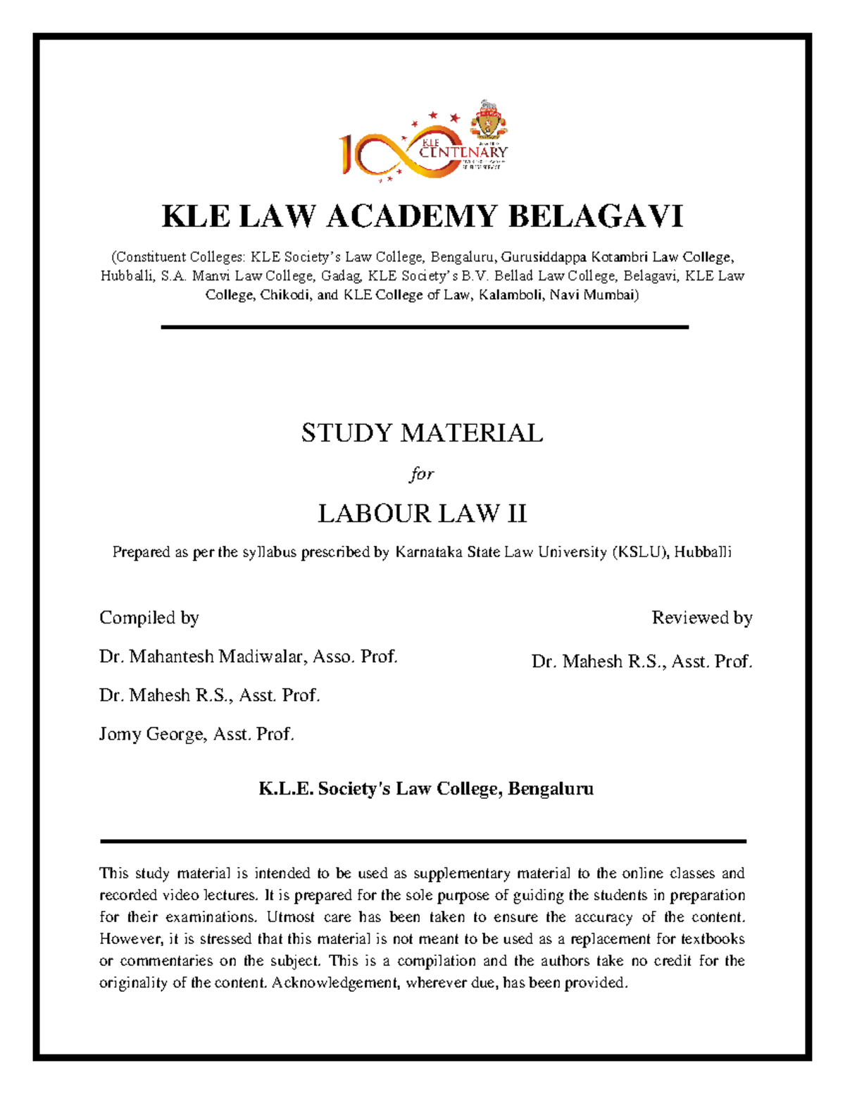 Labour Law II - Lbaour LAw 2 - KLE LAW ACADEMY BELAGAVI (Constituent ...