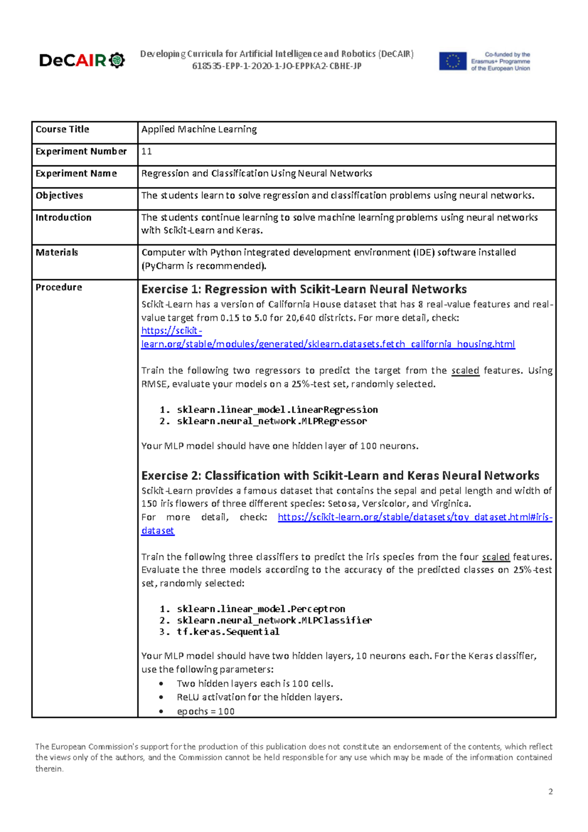 11 Regression And Classification Using Neural Networks Developing Curricula For Artificial