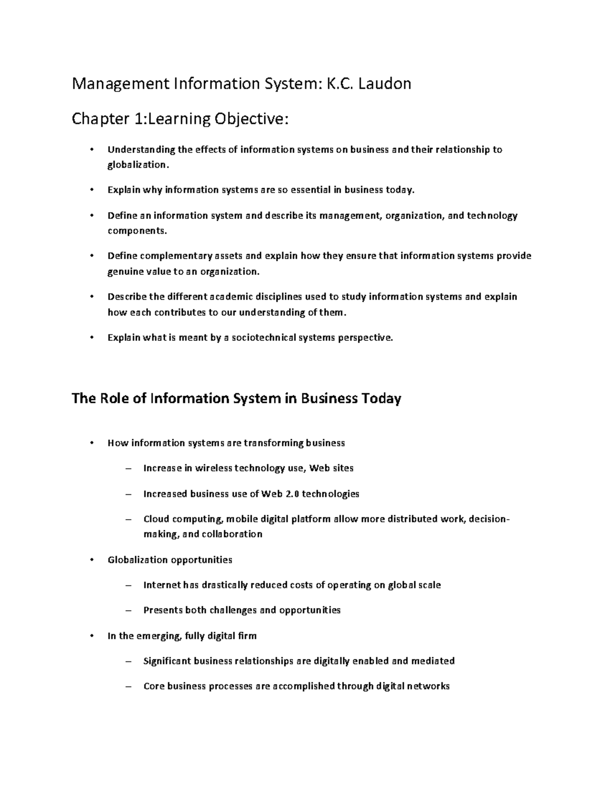 Outiline Management Information System Laudon Chapter 1 - Management ...