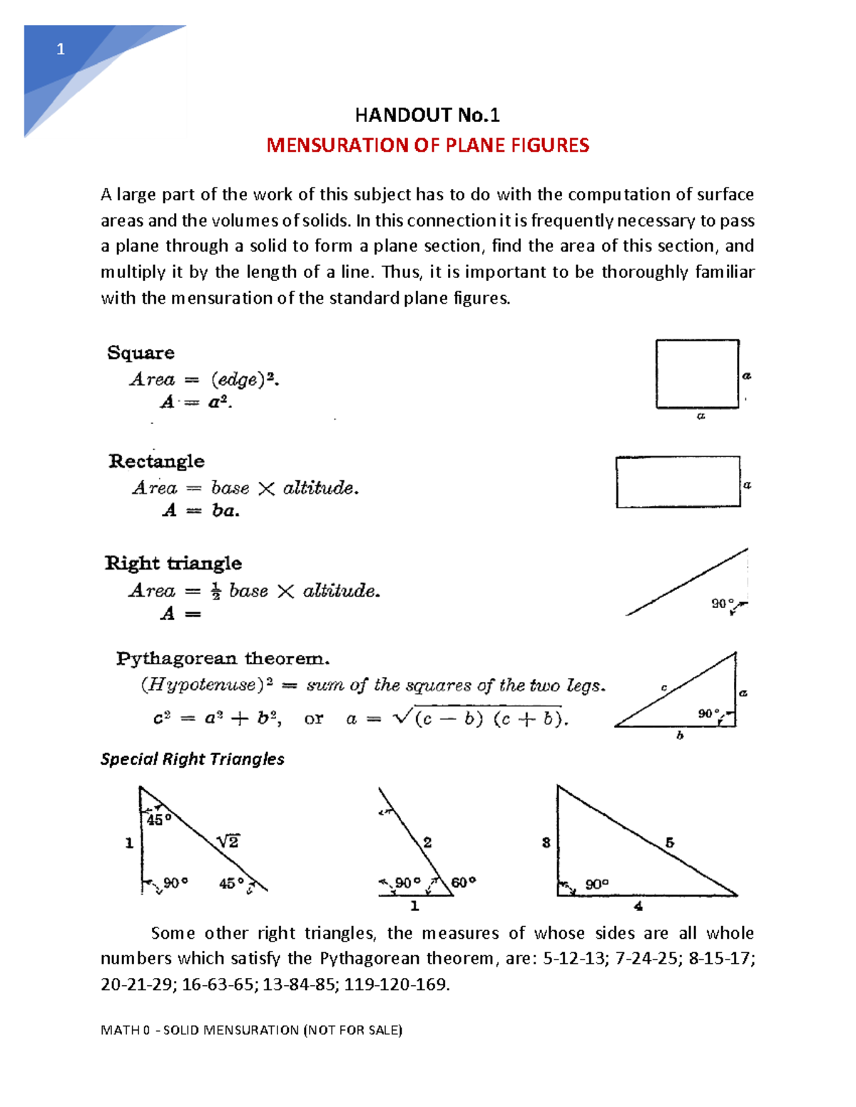 1. Handout 1 - Mensuration OF Plane Figures - HANDOUT No. MENSURATION ...
