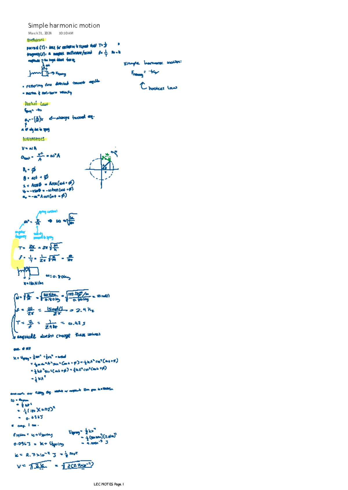 Simple harmonic motion - PHYS 101 - Simple harmonic motion March 31 ...