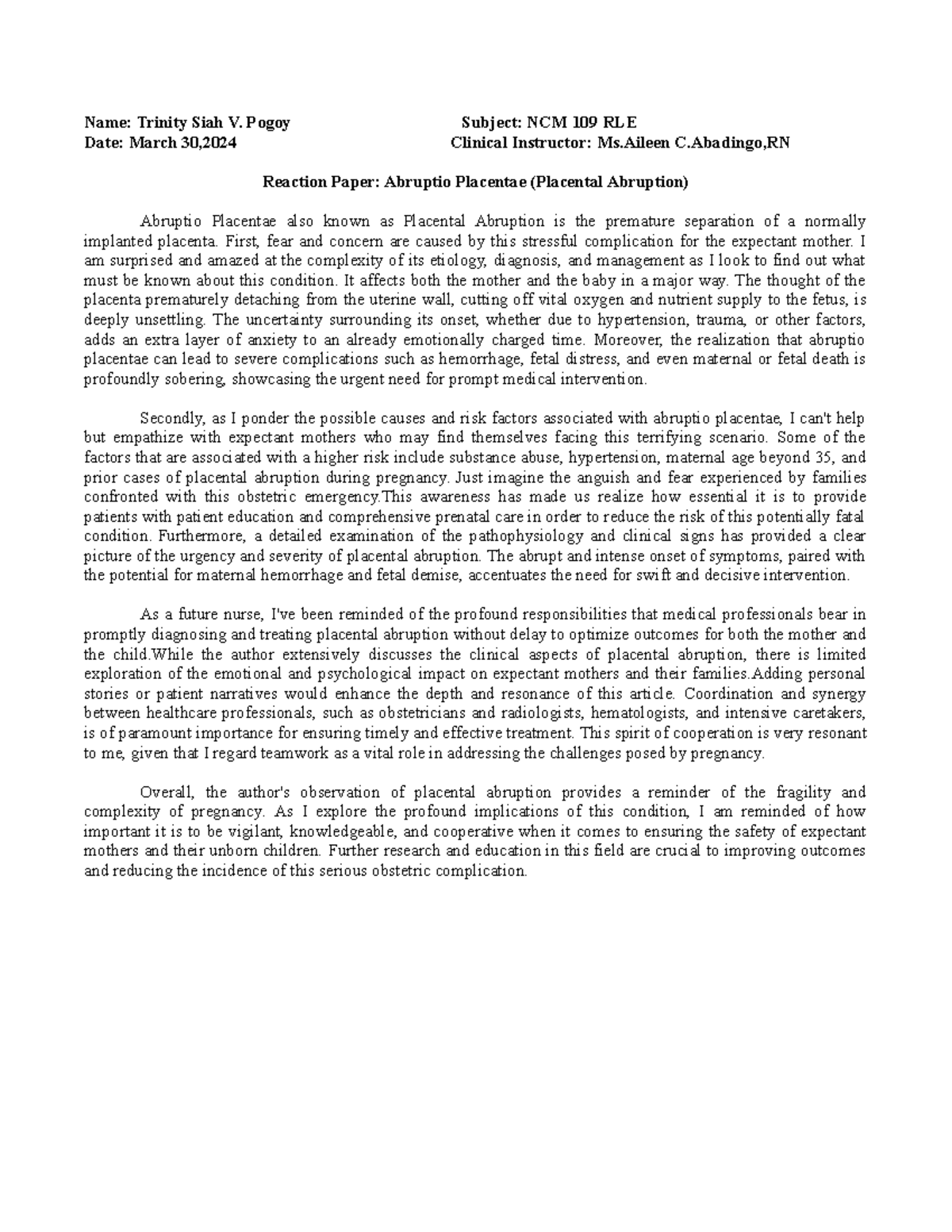 Final - Reflection - Name: Trinity Siah V. Pogoy Subject: NCM 109 RLE ...