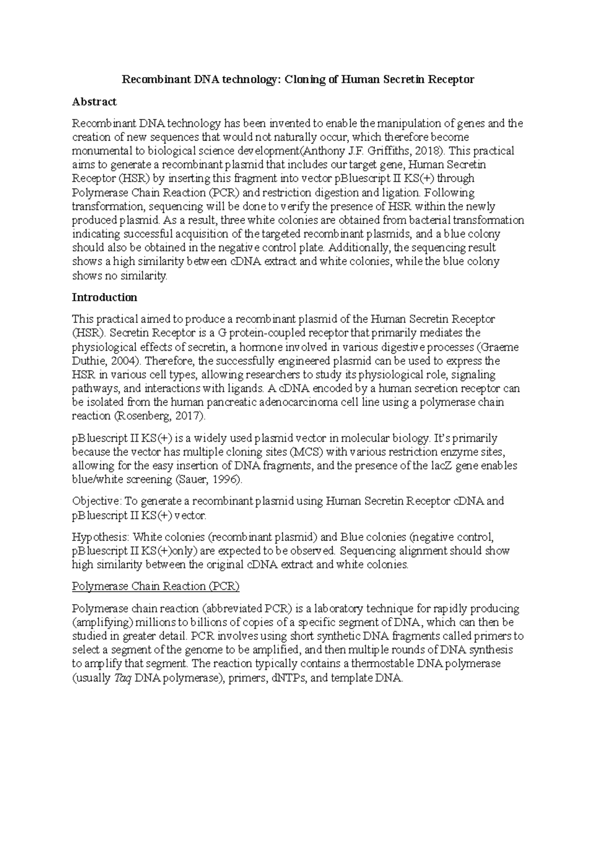 3401 Lab Report - Recombinant DNA technology: Cloning of Human Secretin ...