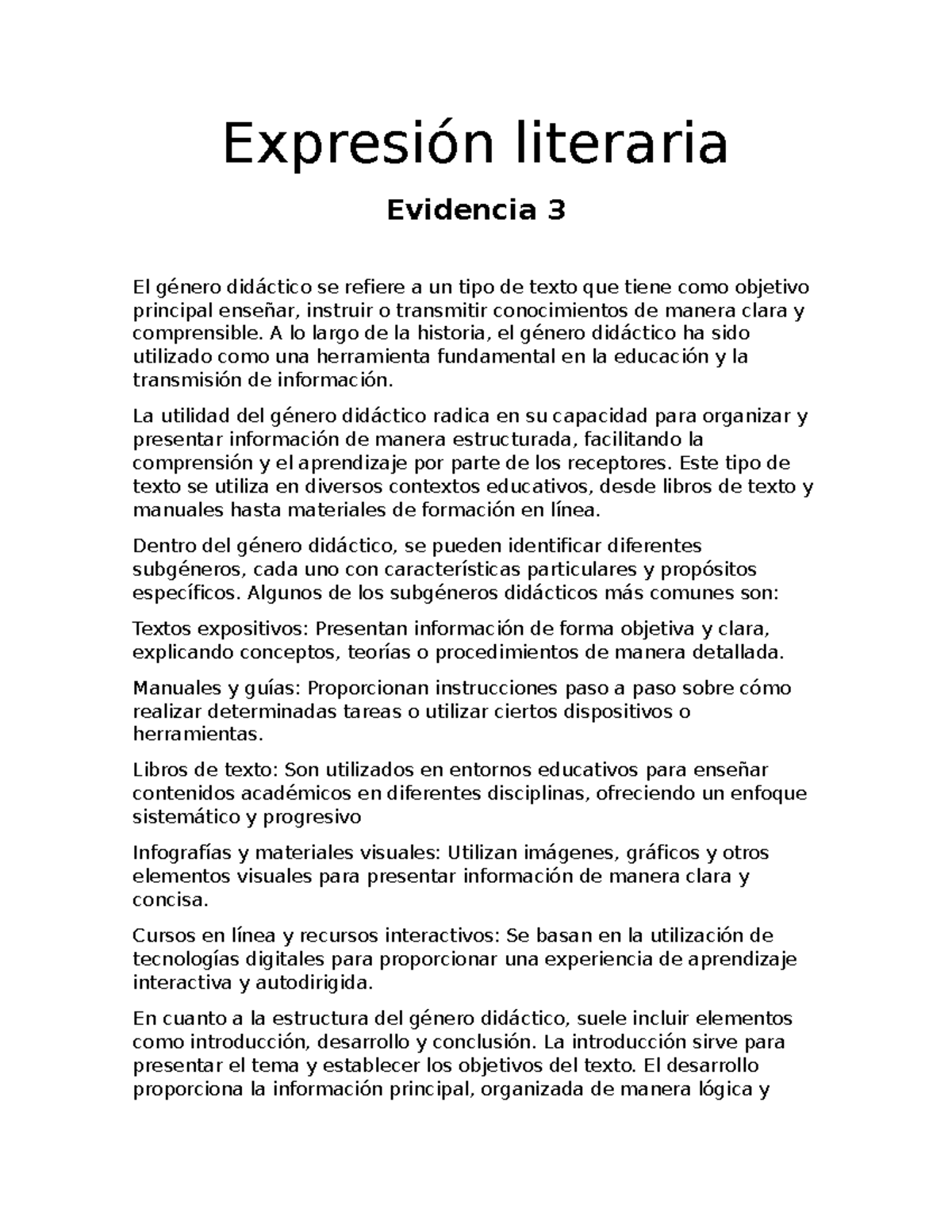 evidencia 3 expre - Expresión literaria Evidencia 3 El género didáctico ...