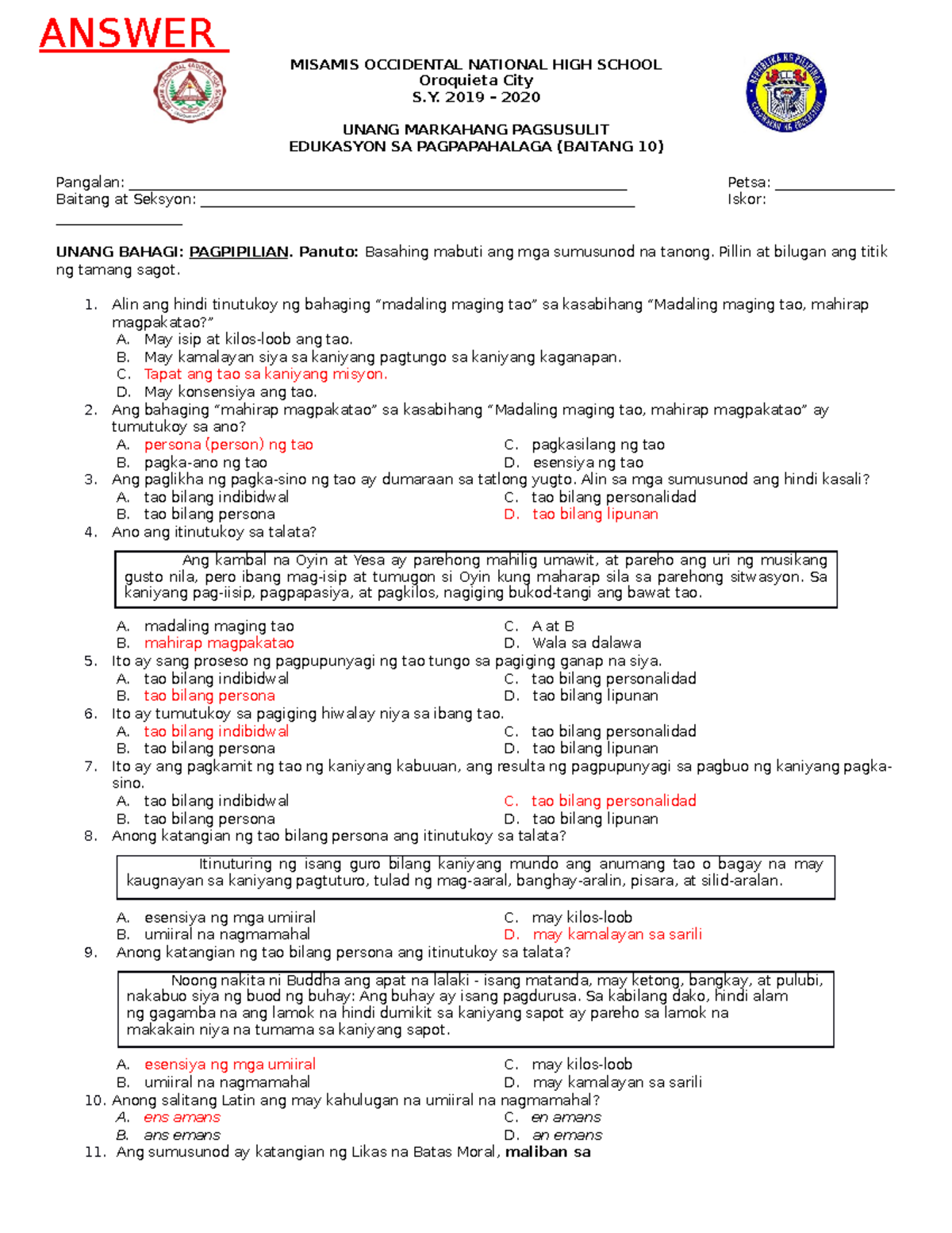 422369879 Answer KEY ESP 10 First Quarter EXAM 1 docx - MISAMIS OCCIDENTAL NATIONAL HIGH SCHOOL ...