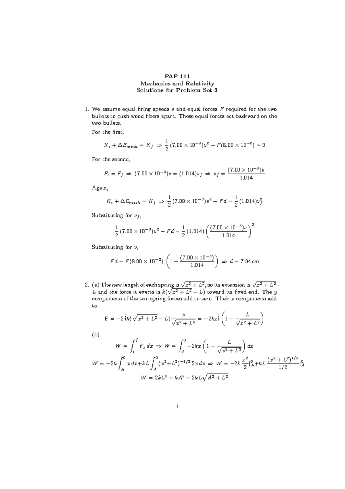 PAP111 Sol Set 3 08-09 - solution of tutorial 3 - PAP 111 Mechanics and ...
