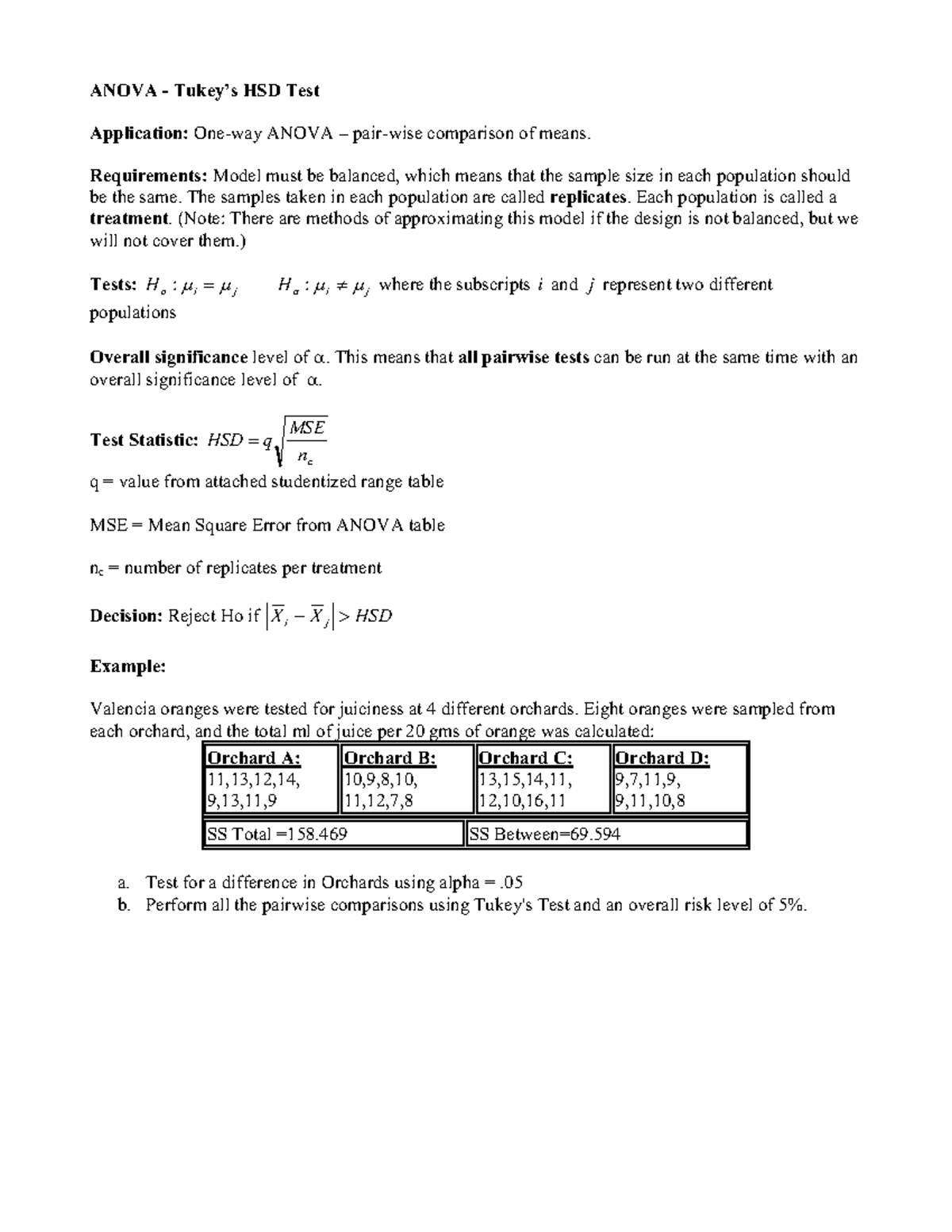 Tukey design and analysis of experiments - ANOVA - Tukey’s HSD Test ...