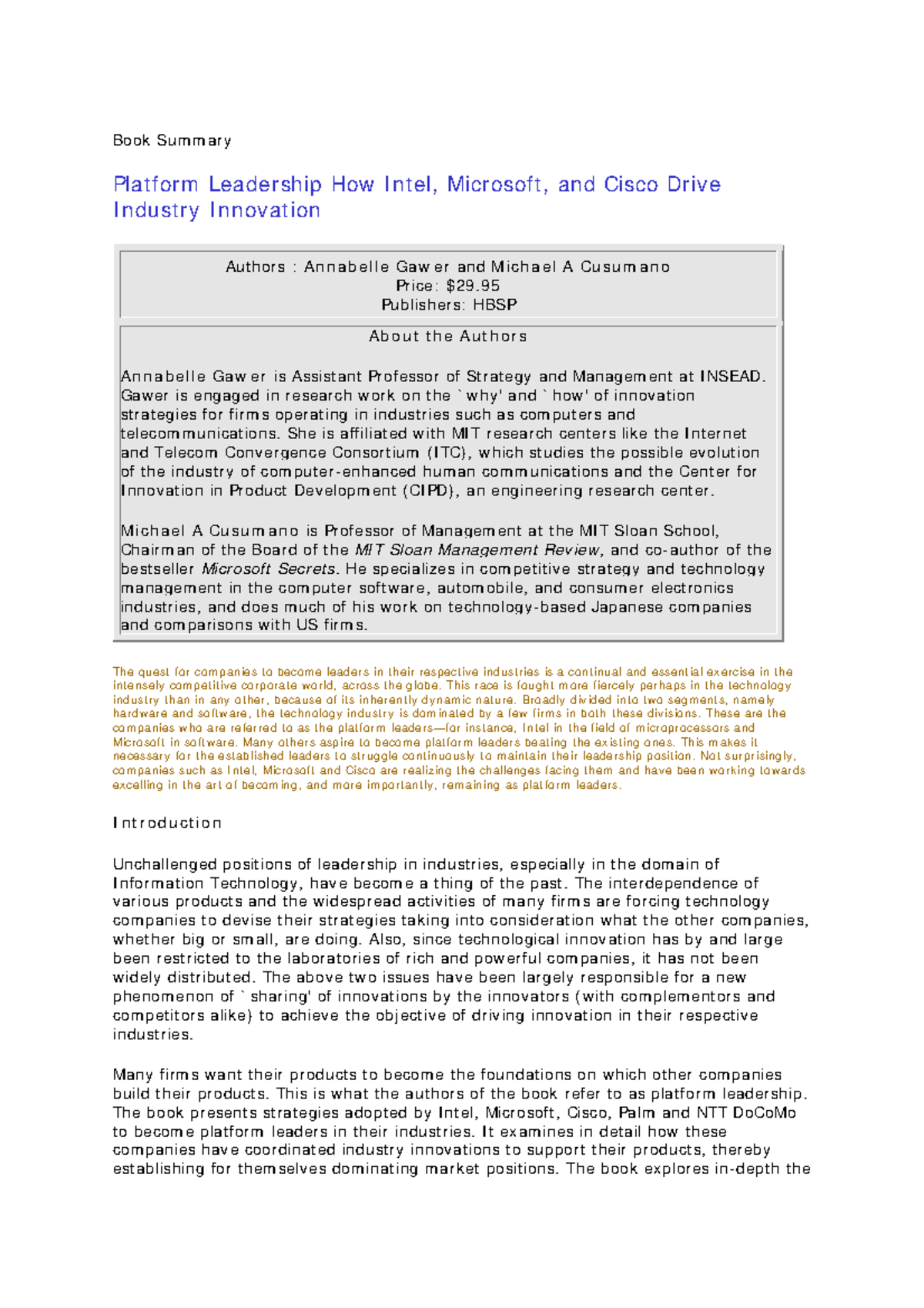 Platform Leadership How Intel, Microsoft, and Cisco Drive Industry ...