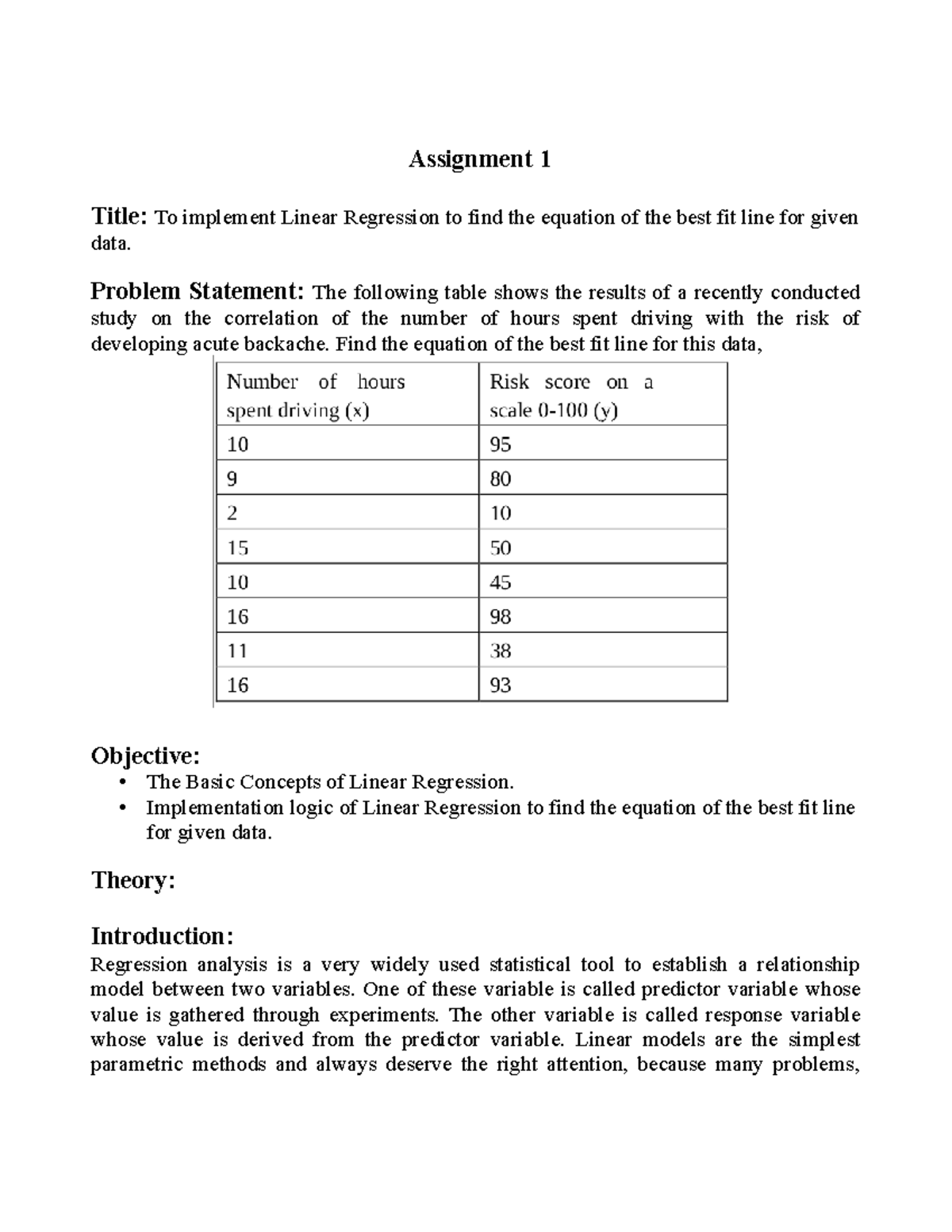 LP3 ML1 Writeup - Assignment 1 Title: To implement Linear Regression to ...