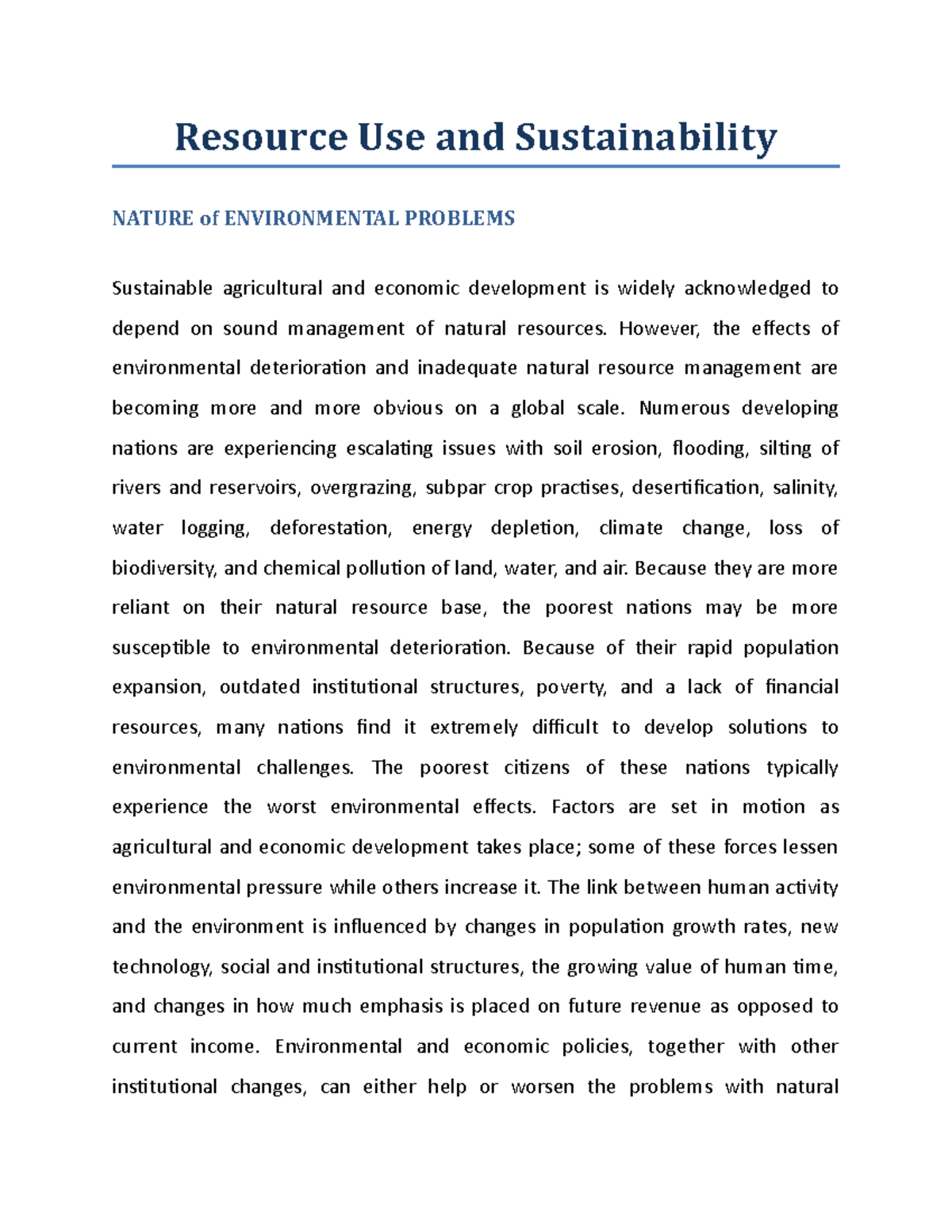 Resource Use and Sustainability - Resource Use and Sustainability ...