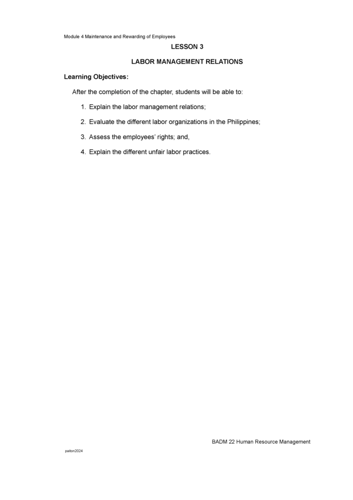 Lesson 3 Labor Management Relations - Module 4 Maintenance and ...