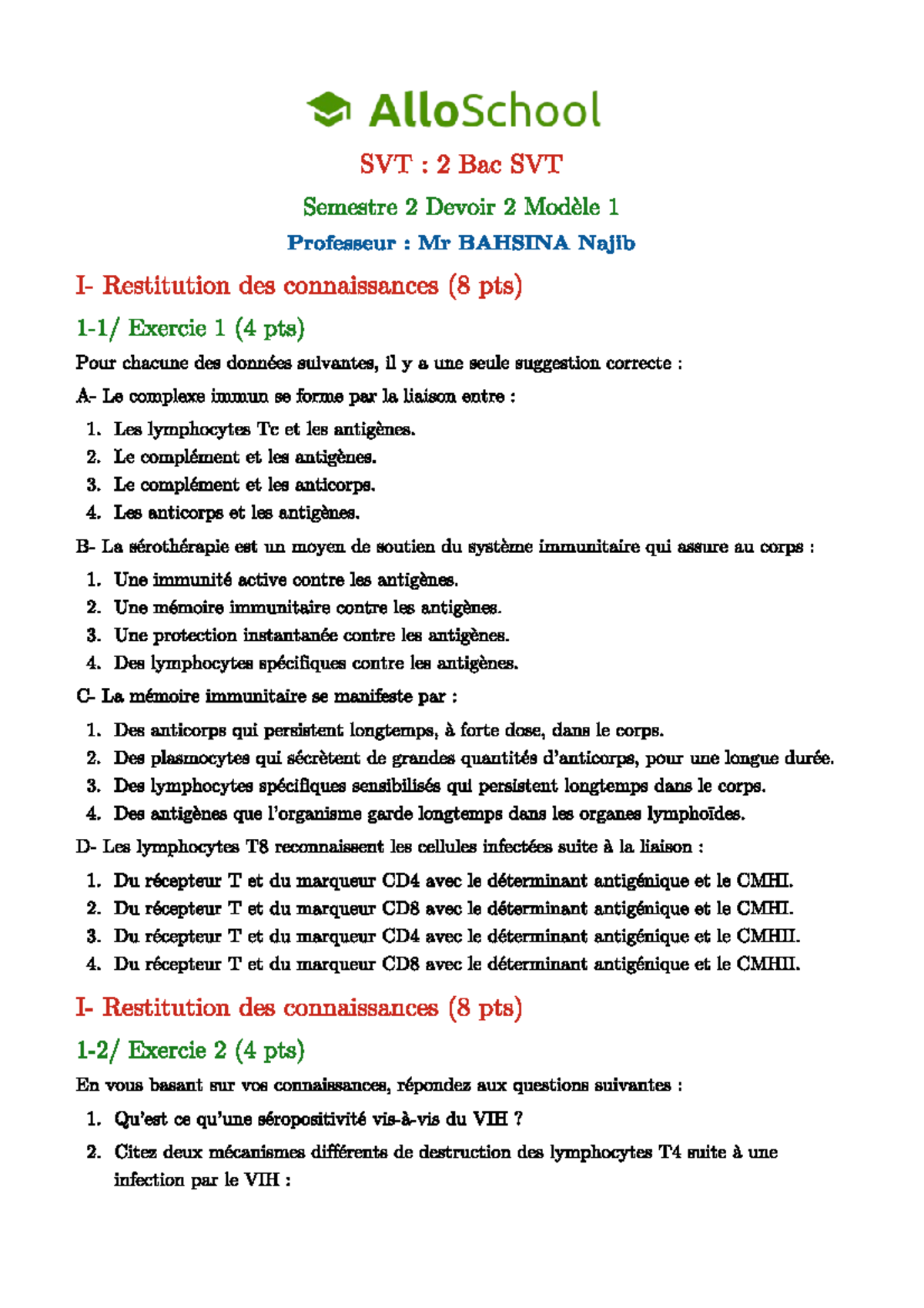 Svt 2bac svt semestre 2 devoir 2 modele 1 - AlloSchool SVT : 2 Bac SVT ...