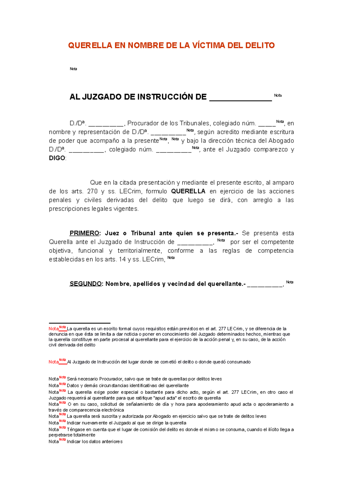 Modelo Querella - QUERELLA EN NOMBRE DE LA VÍCTIMA DEL DELITO Nota AL ...