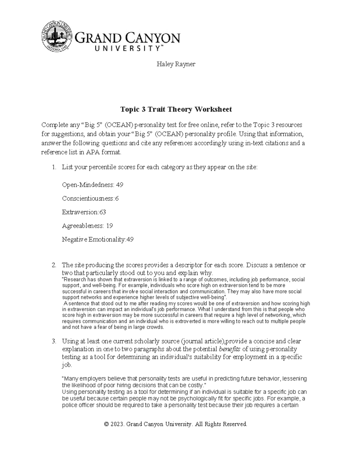 Trait theory worksheet 2 - Haley Rayner Topic 3 Trait Theory Worksheet ...