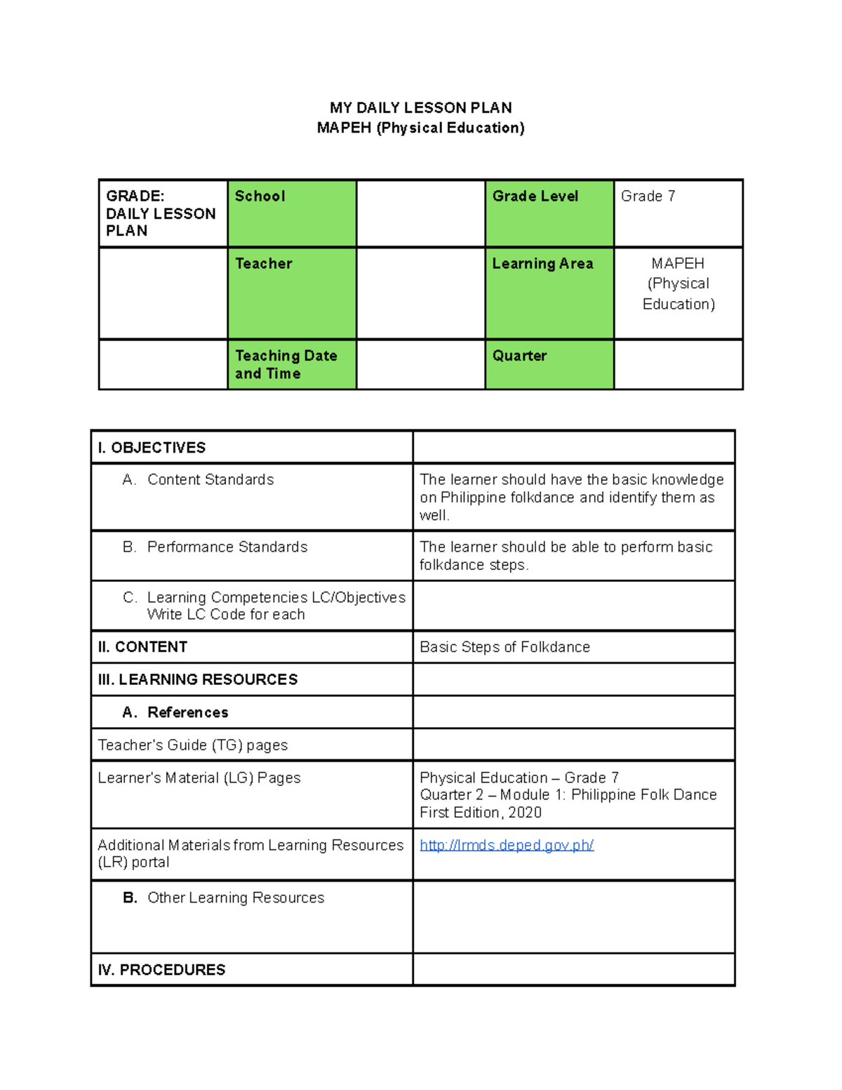LP1 - Foldkdance Physical Education - MY DAILY LESSON PLAN MAPEH ...