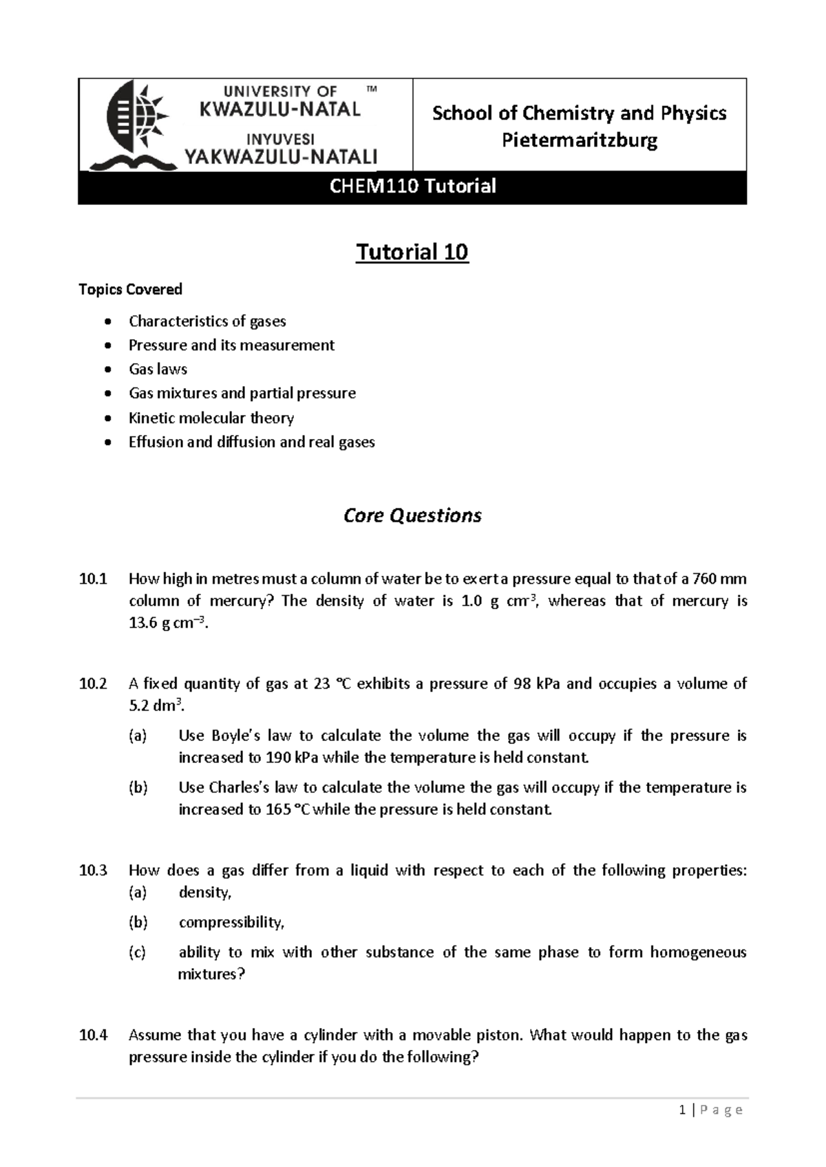 Tutorial 10 Gases - School of Chemistry and Physics Pietermaritzburg ...