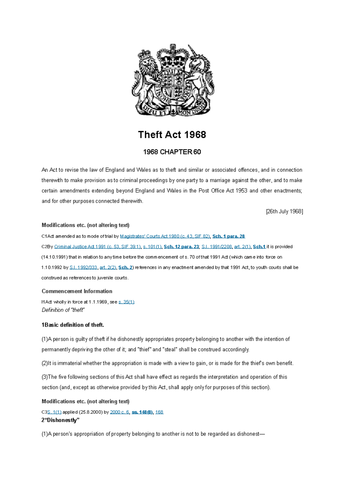 Theft Act 1968An Act to revise the law of England and Wales as to theft ...