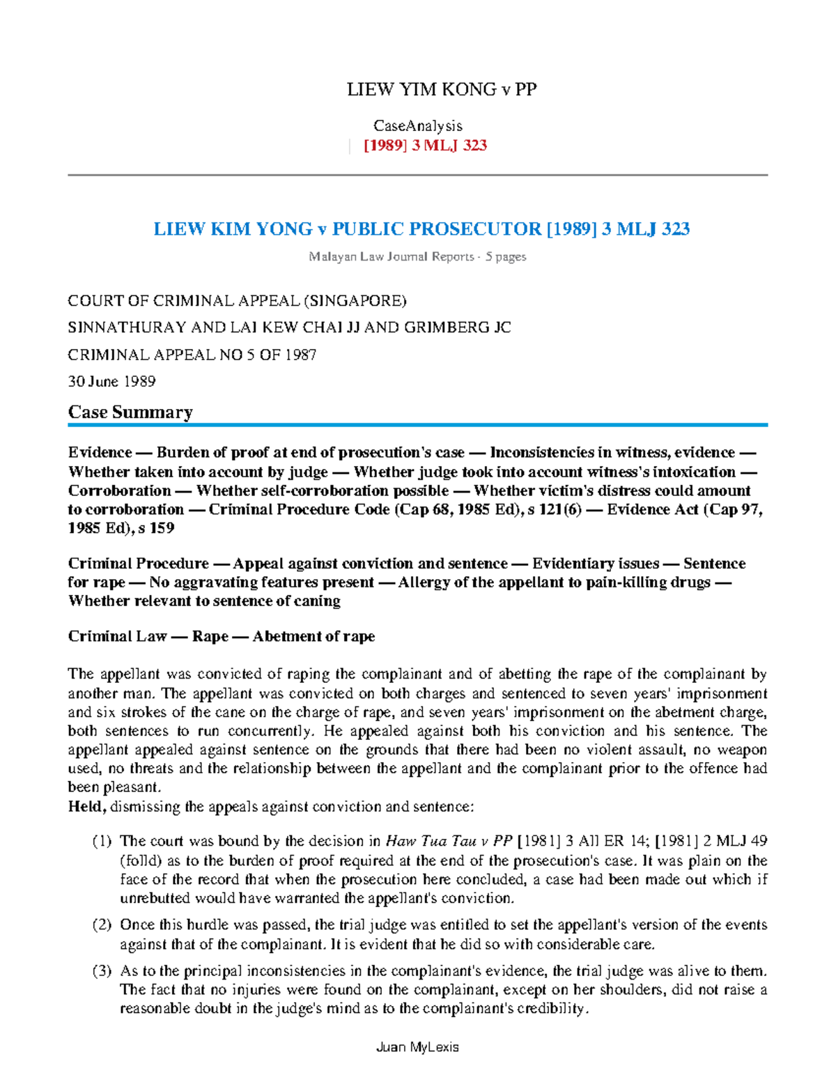 LIEW KIM YONG v Public Prosecutor, [1989] 3 MLJ 323 - Juan MyLexis LIEW ...