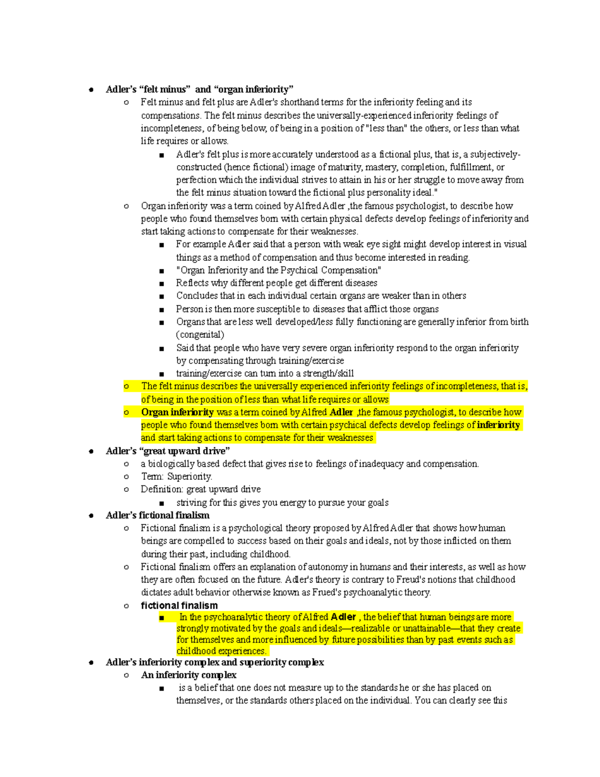 Psychology 370 Exam 2 Study Guide - Adler’s “felt minus” and “organ ...