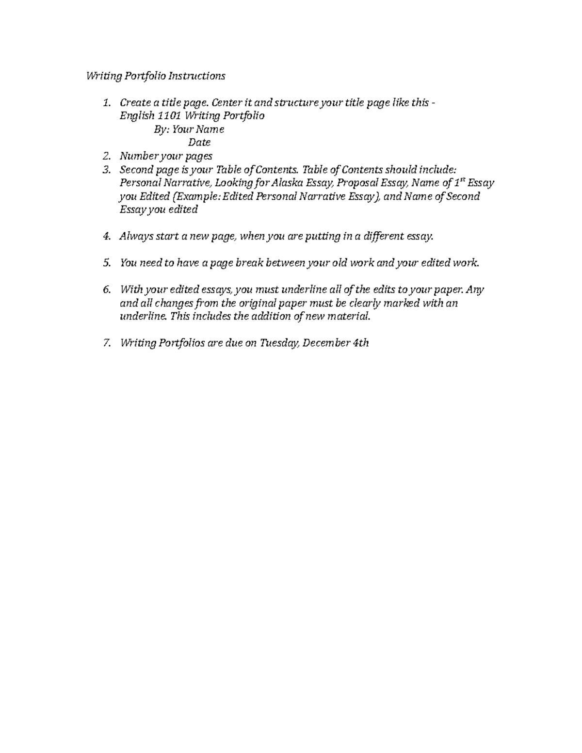 Writing Portfolio Instructions Kennesaw - Writing Portfolio ...