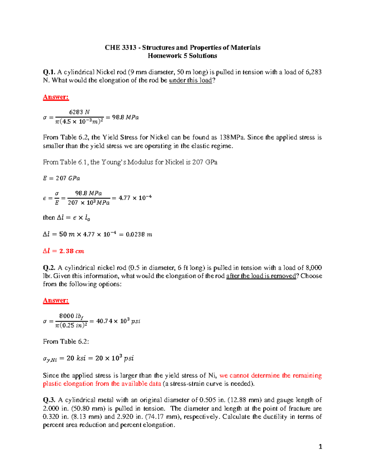 CHE3313 HW5 Solutions - Studying material - CHE 3313 - Structures and Properties of Materials ...
