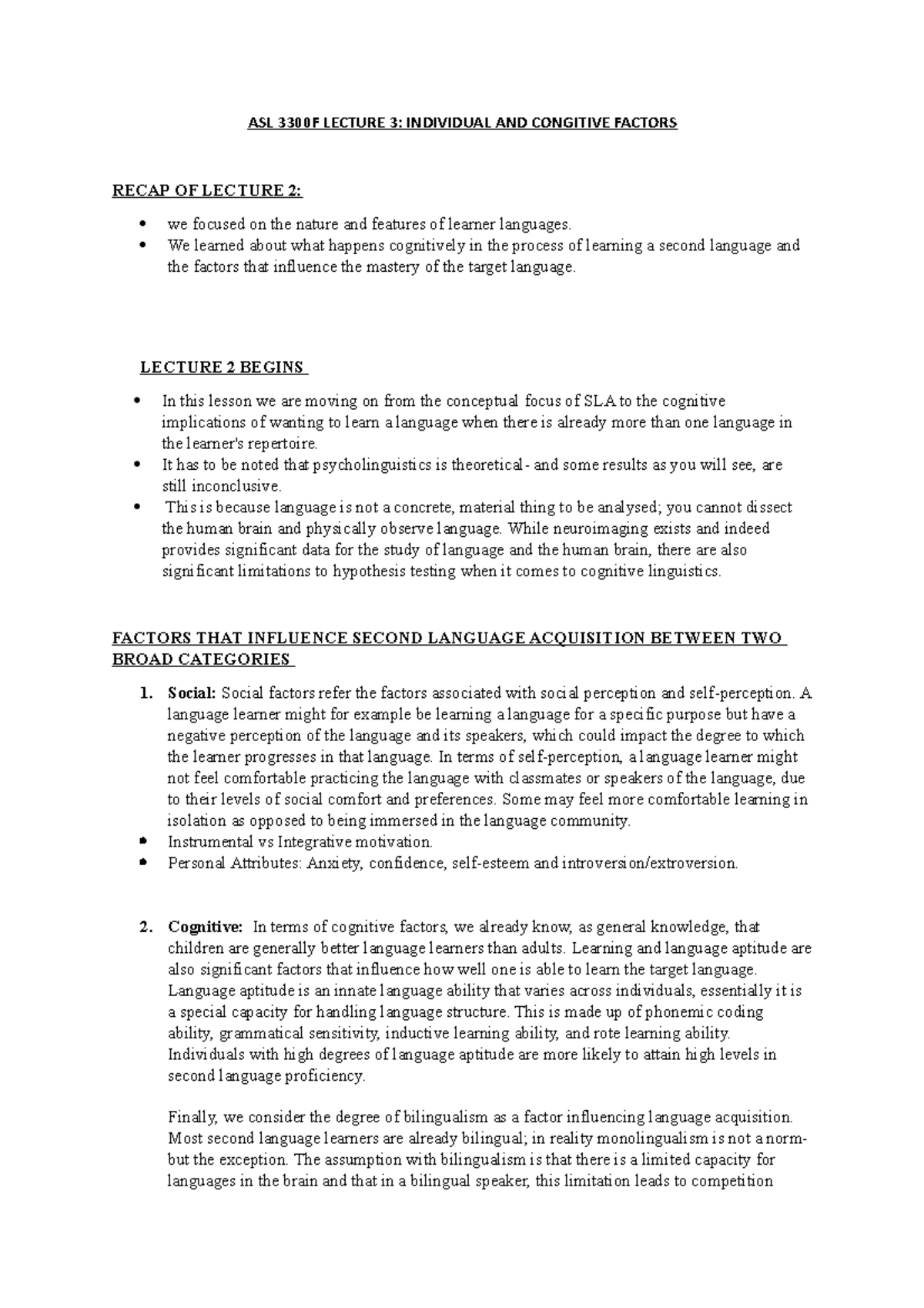 ASL 3300F Lecture 3 - Notes - ASL 3300F LECTURE 3: INDIVIDUAL AND ...