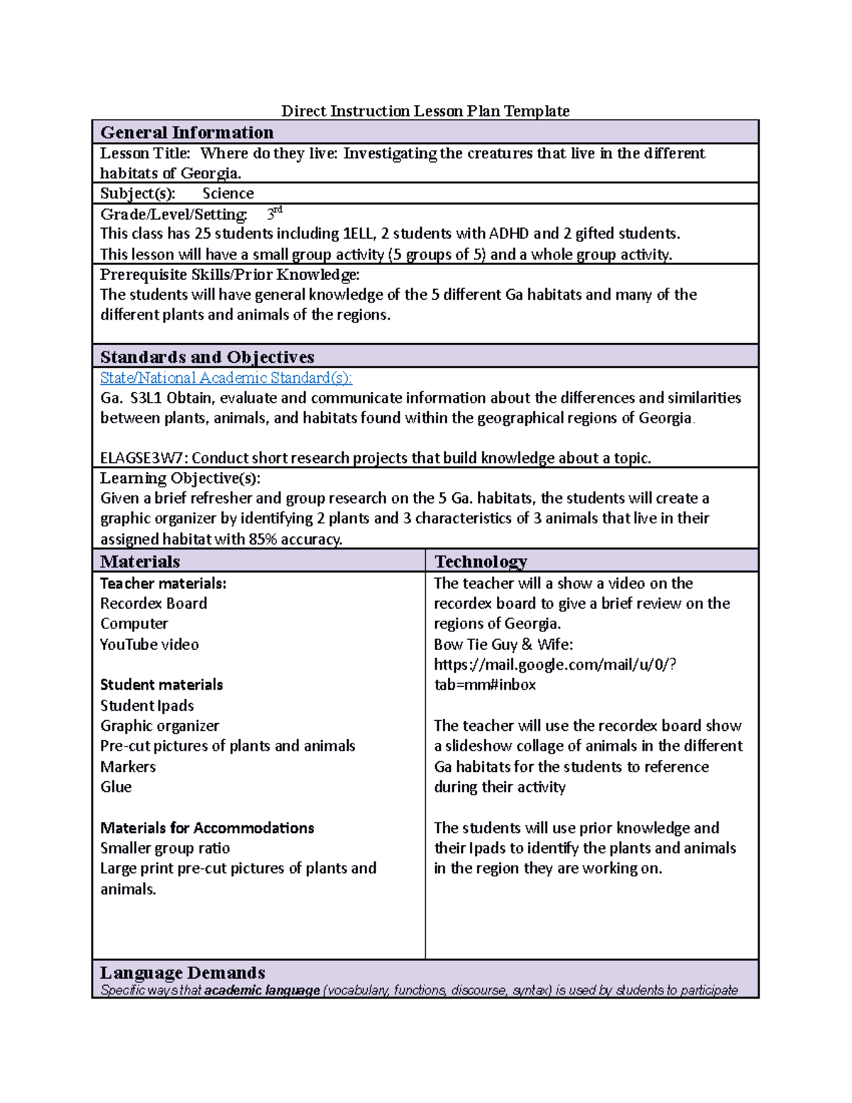 Science and Writing lesson plan - Direct Instruction Lesson Plan ...