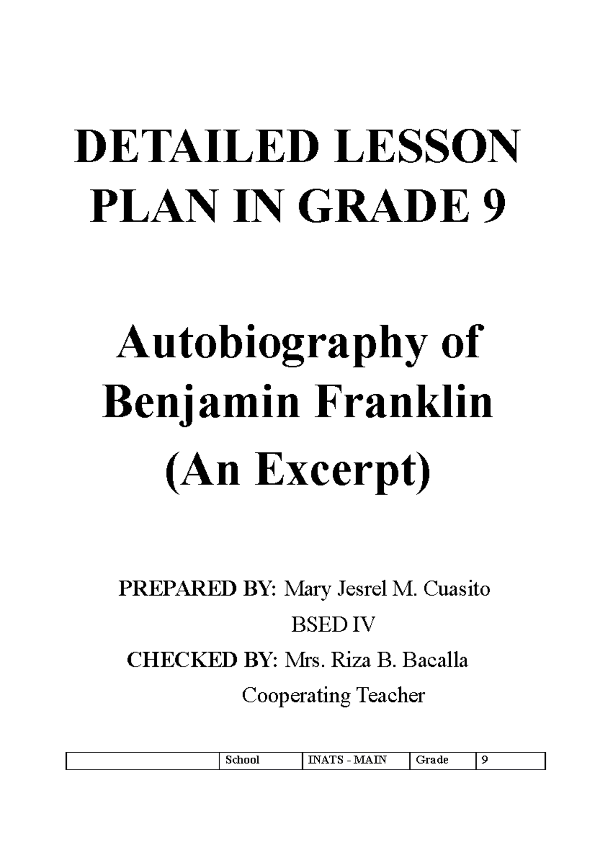 2ND DLP Autobiography OF Benjamin Franklin - DETAILED LESSON PLAN IN ...