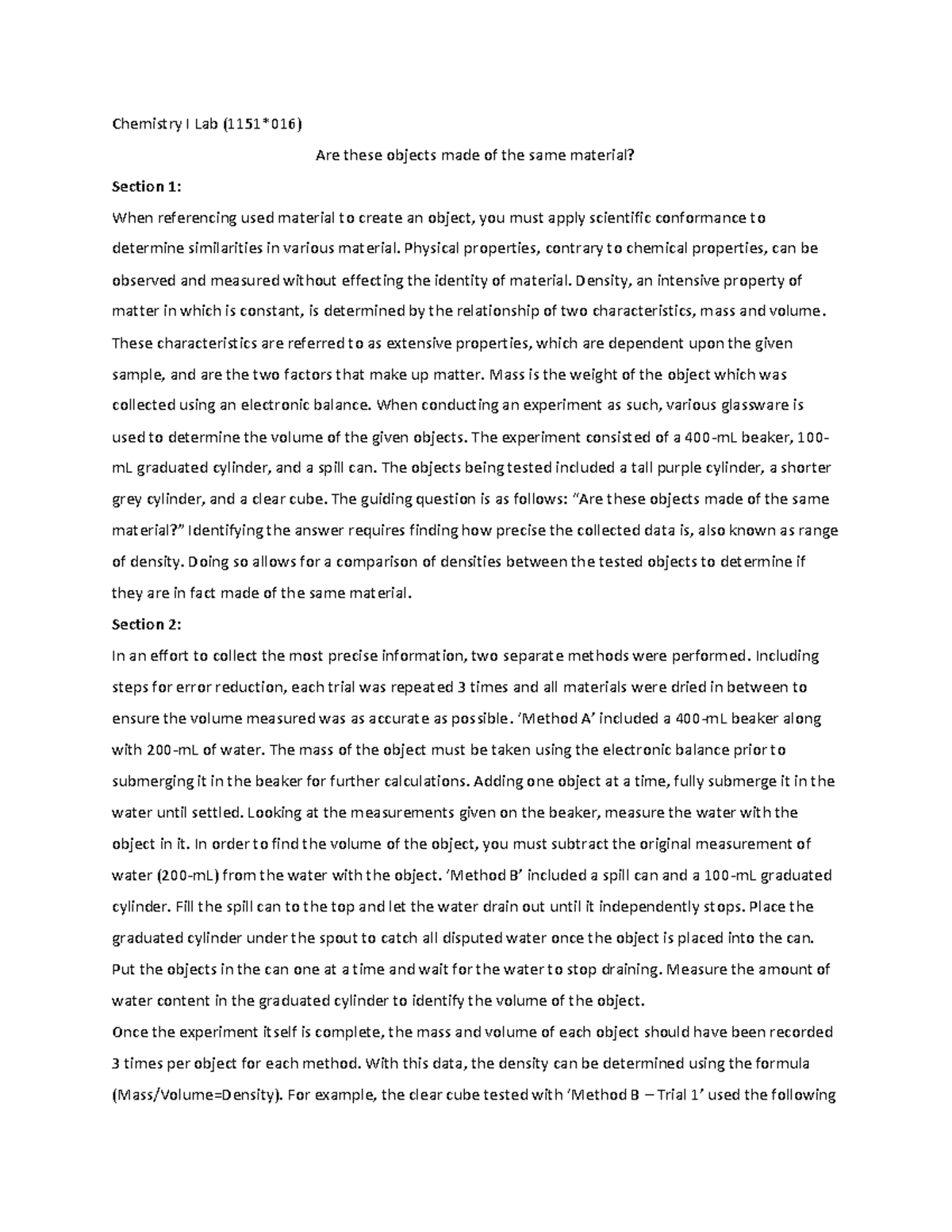 Chem Lab Report 1 - Chem 1151 *16 - Dr. Rudel Guiding Question: "Are ...