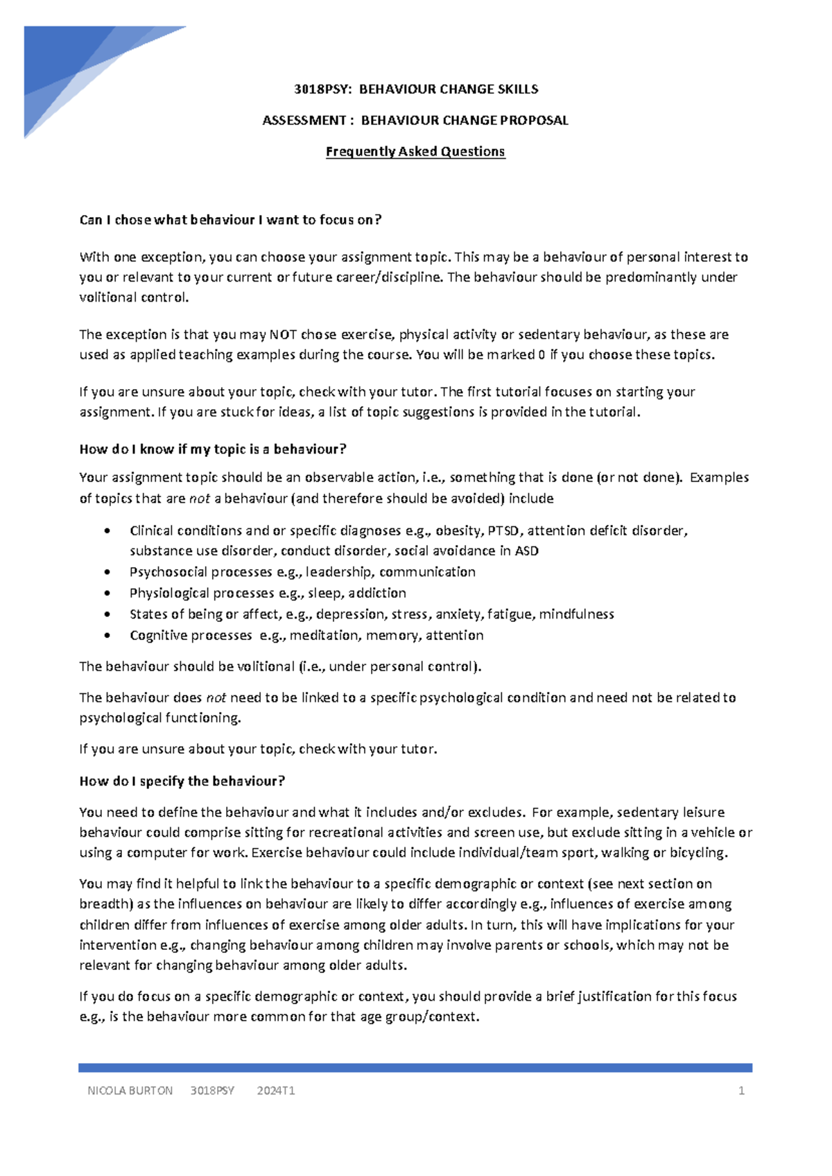 3018PSY A2 FAQ 2024-2 - 3018PSY: BEHAVIOUR CHANGE SKILLS ASSESSMENT : BEHAVIOUR CHANGE PROPOSAL ...